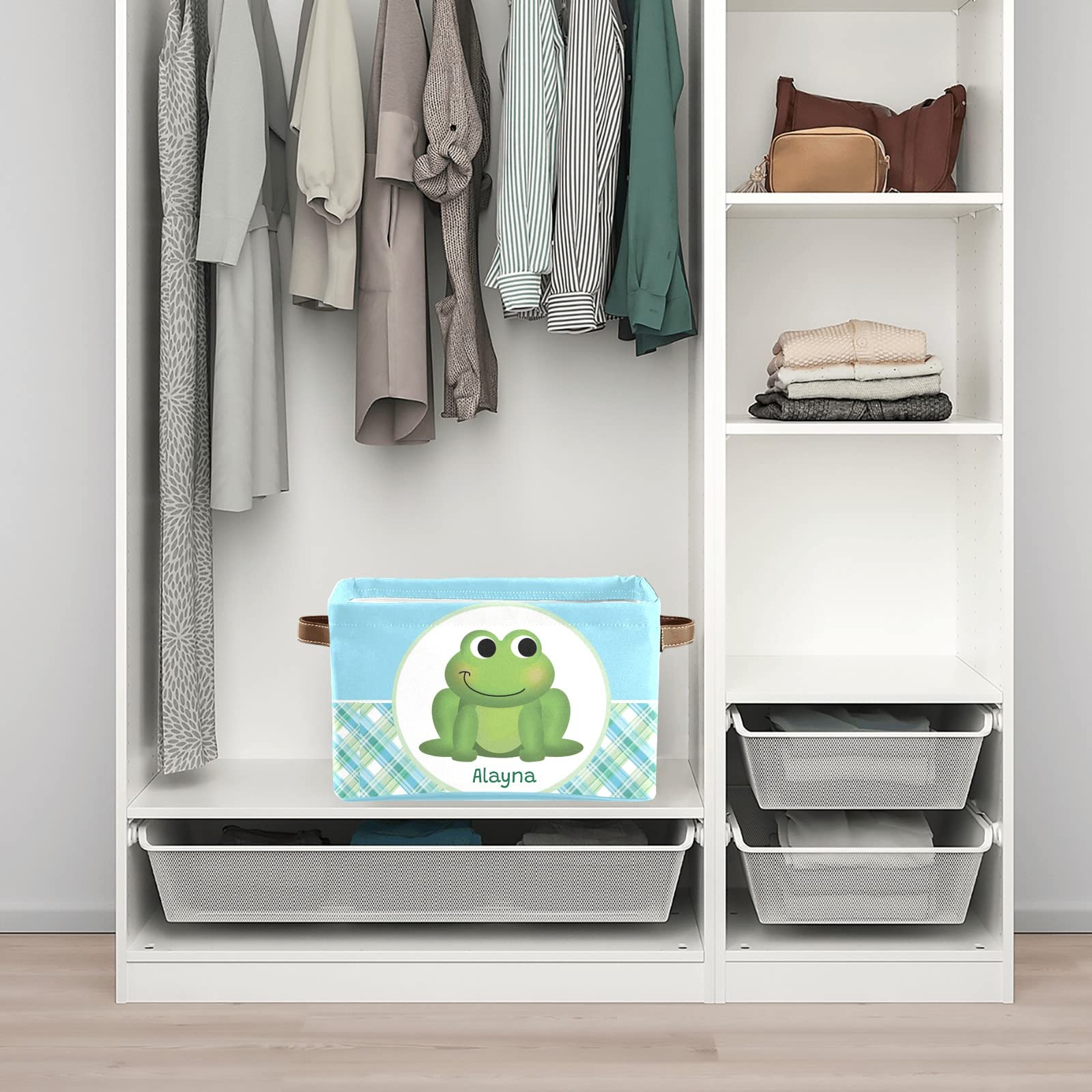Cute Frog Green and Blue Plaid Personalized Storage Bins,Foldable Baskets Organizer with Handle for Nursery Pet Toy Clothes Box 1 Pack