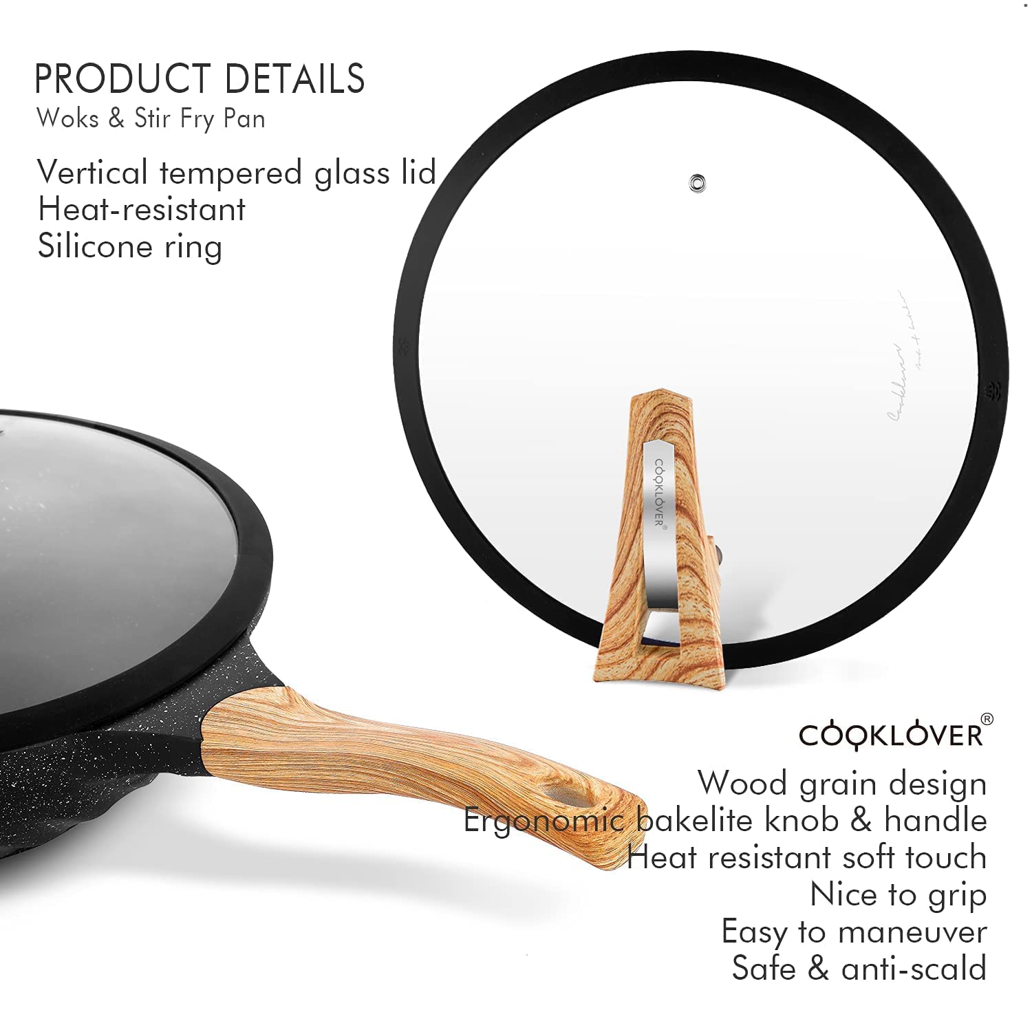 COOKLOVER Nonstick Induction Wok-12.6inch& 9.5 inch Nonstick Stir Fry Pan with Lid β Black