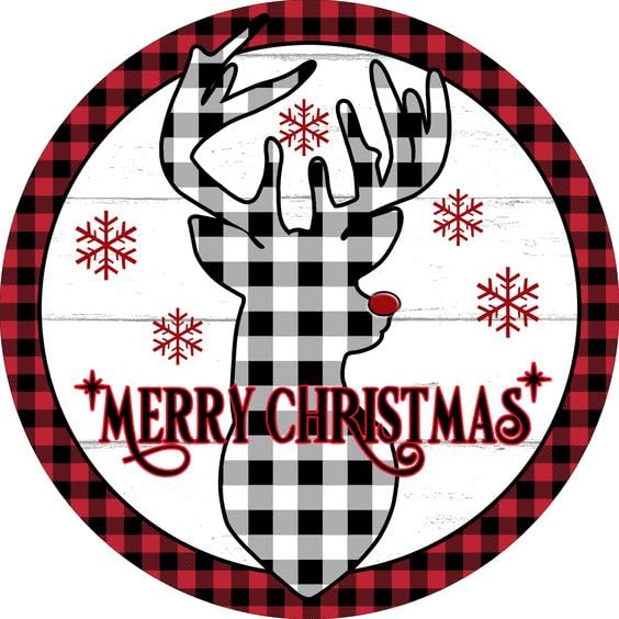 Round Vintage Tin Sign Merry Christmas Sign, Deer Head Sign, Buffalo Check Sign, Winter Sign, Holiday Sign, Christmas Farmhouse Decoration, Metal Circle Wreath Sign Round Tin Sign with Wreath 6x6inch