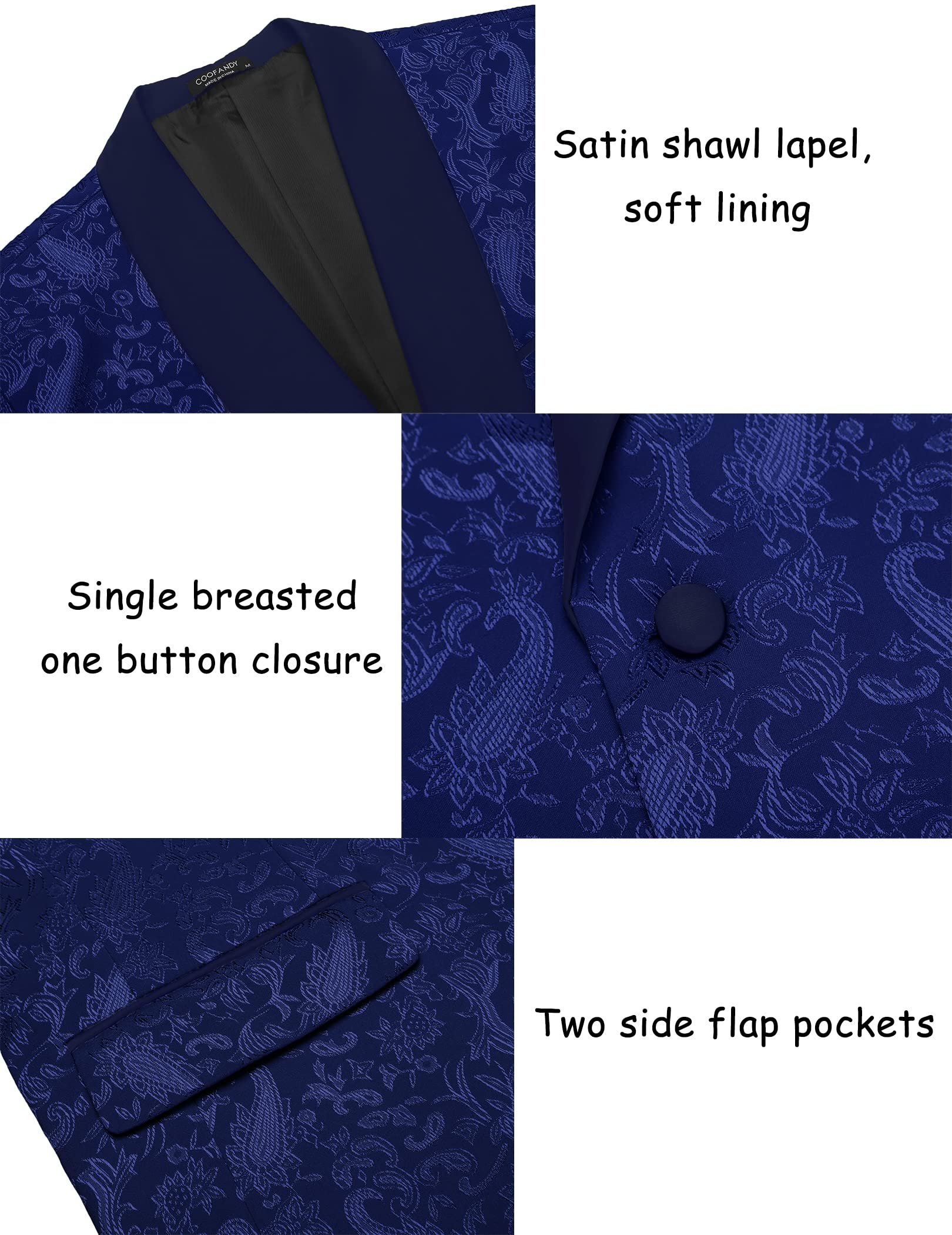 COOFANDY Mens Floral Tuxedo Jacket One Button Big and Tall Suit Blazer Jacket for Dinner Party Wedding Prom Navy Blue, XL
