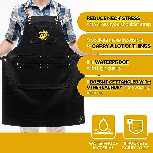 Royal Quisine Chef Apron β Cotton Aprons for Men and Women β Professional Cooking Apron for BBQ, Barista, Chef, Gardener β Comfortable Waist Apron with X-Shaped Straps β Korean Embroidery