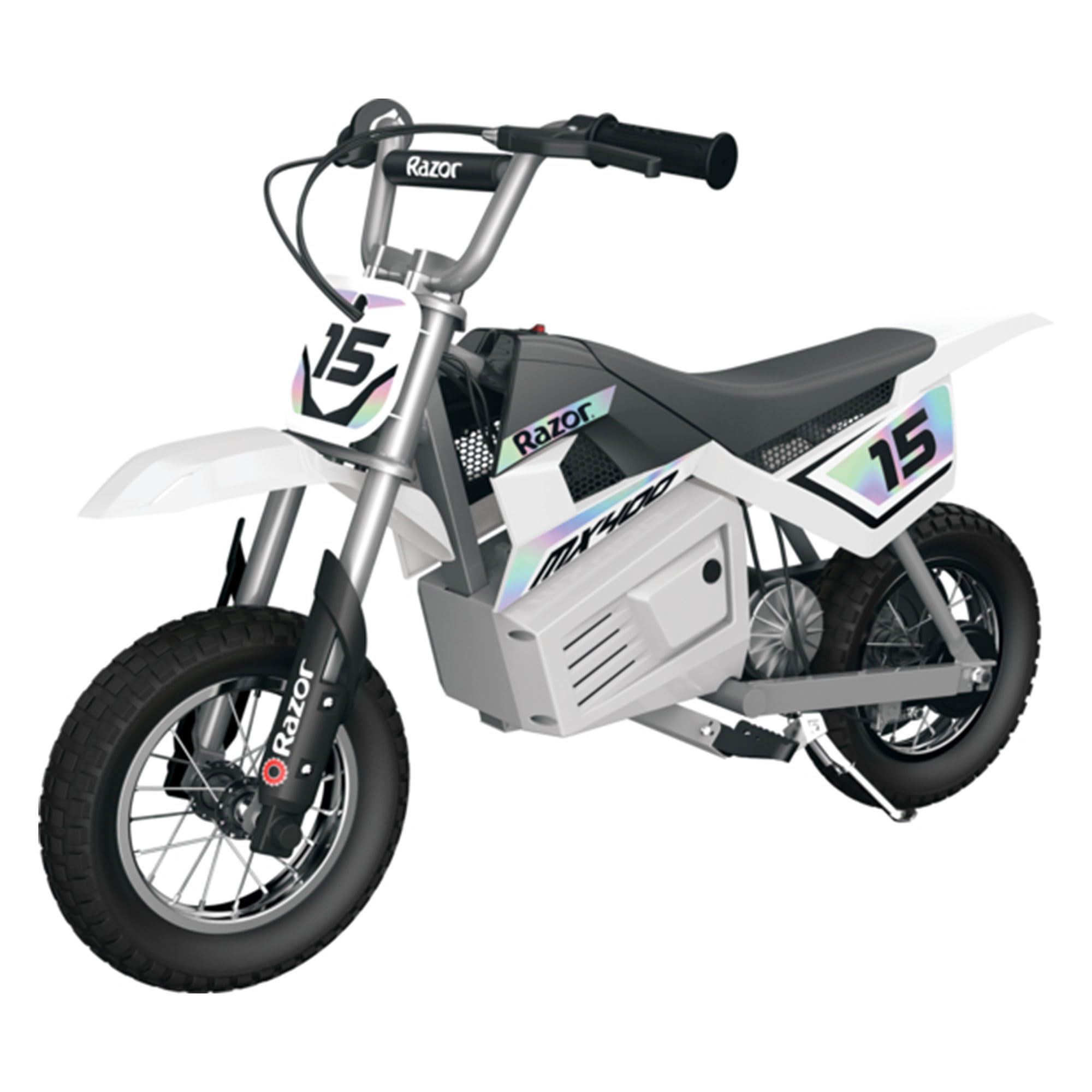 Razor MX400 Dirt Rocket 24V Ride On High-Torque Electric Motocross Motorcycle Toy Dirt Bikes, Speeds up to 14 MPH, for Ages 13+, 1 White & 1 Green