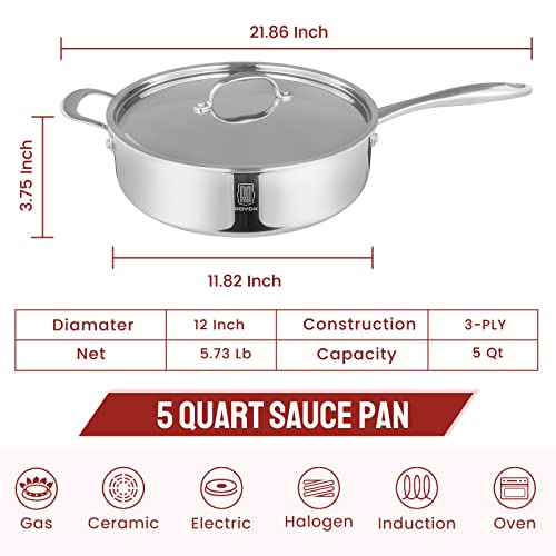 ROYDX Stainless Steel Skillet Saute Pan, 5 Quart Tri-ply Nonstick Large Fry Pans with Lid Single Stay-Cool Handle Cookware, Induction/Electric Gas Cooktops Oven Dishwasher Safe, for Kitchen Camping