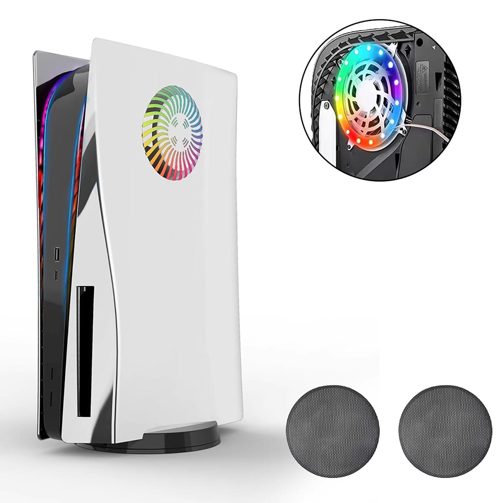 Customized for PS5 Cover Plates Faceplate Plated Silver + Multicolor LED Replacement, Compatible with for PlayStation 5 Disc Edition Console, Protection Face Shells + Cooling Window / Dust Net