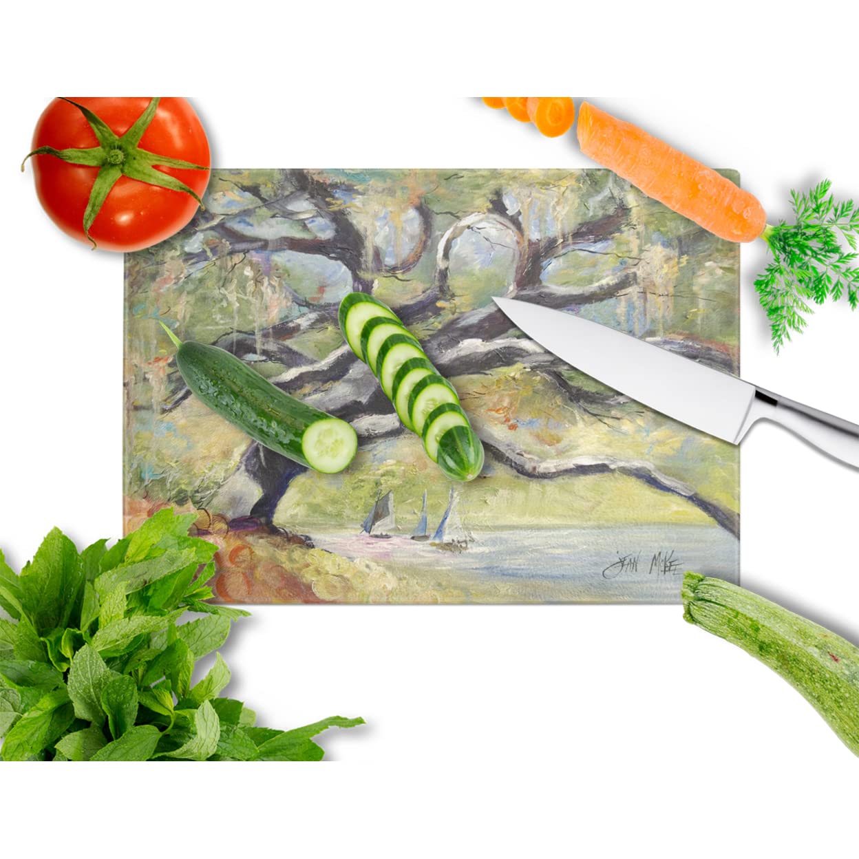 Caroline's Treasures JMK1132LCB Oak Tree on the Bay with Sailboats Glass Cutting Board Large Decorative Tempered Glass Kitchen Cutting and Serving Board Large Size Chopping Board
