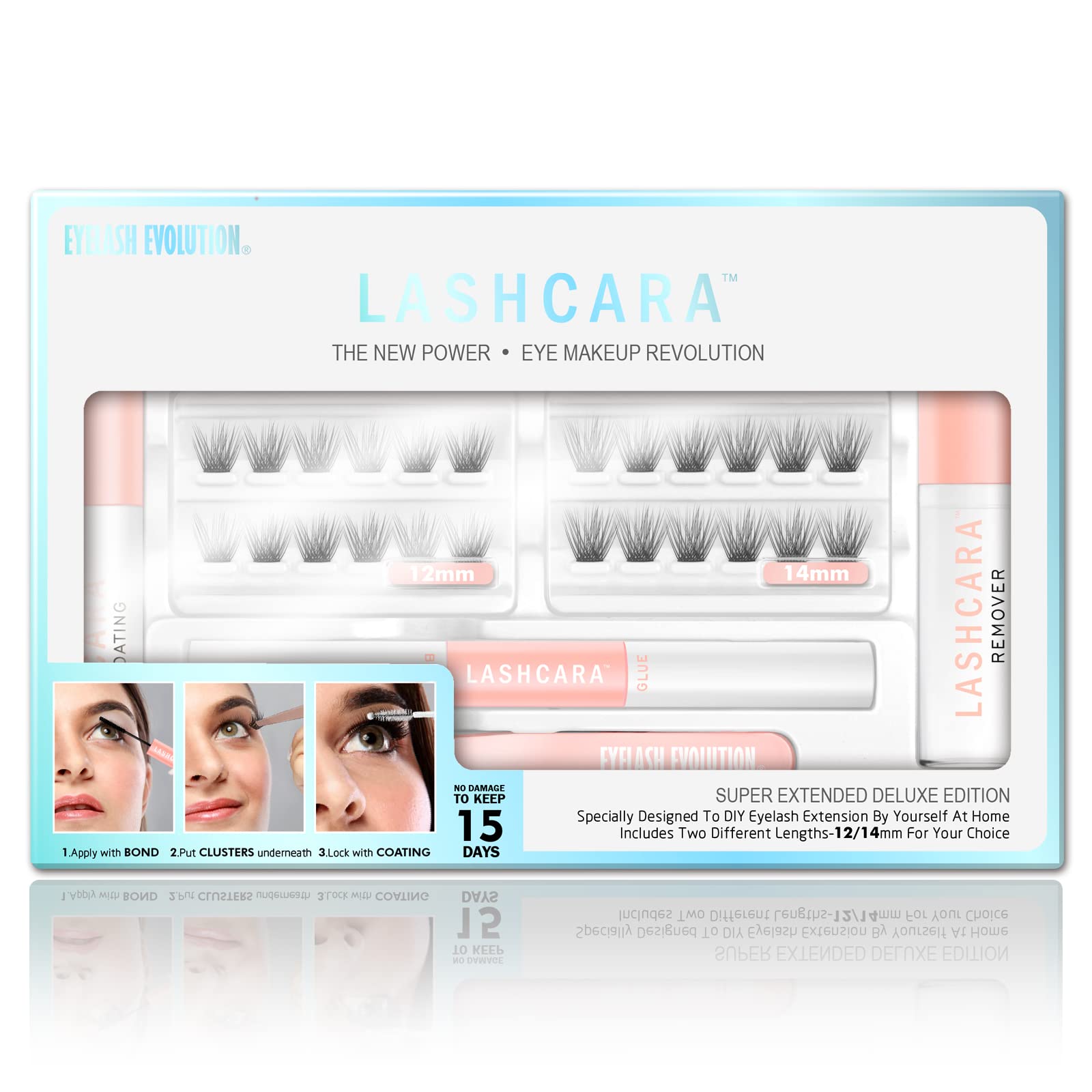 DIY Eyelash Extension Kit Cluster Lashes 12mm 14mm 3D Effect Remover Tweezer Dual-end Bond Glue Glass Coating Brush Individual Lash 24 Clusters (Kit-Volume-Lashes*2+Multi Functional Set)