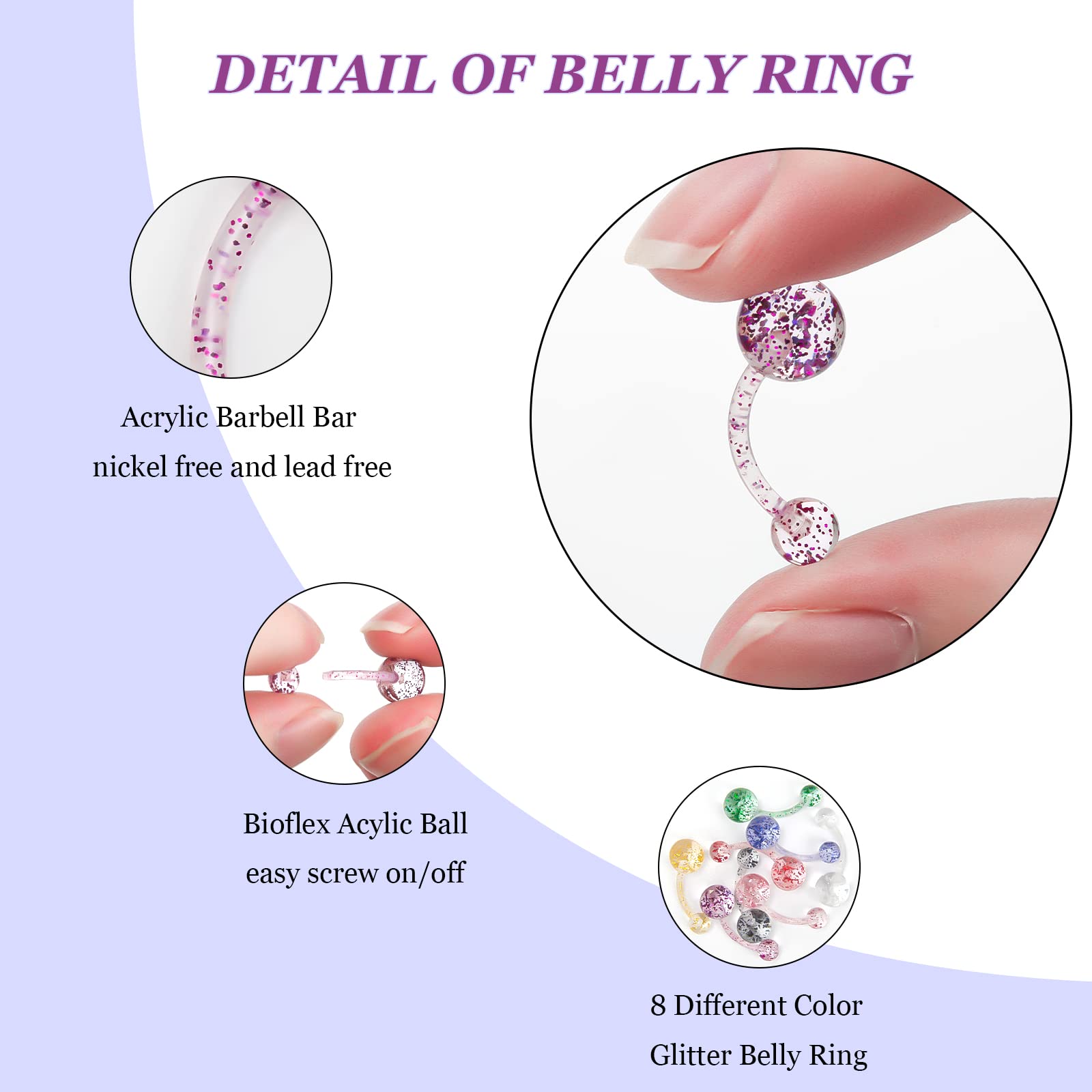 CrazyPiercing Bioflex Belly Bottom Ring 16G Glitter Belly Button Rings Muti-Color Clear Plastic Belly Button Rings Navel Rings Body Piercing Jewelry for Women Man (8 PCS), 16G US, Plastic, no gemstone
