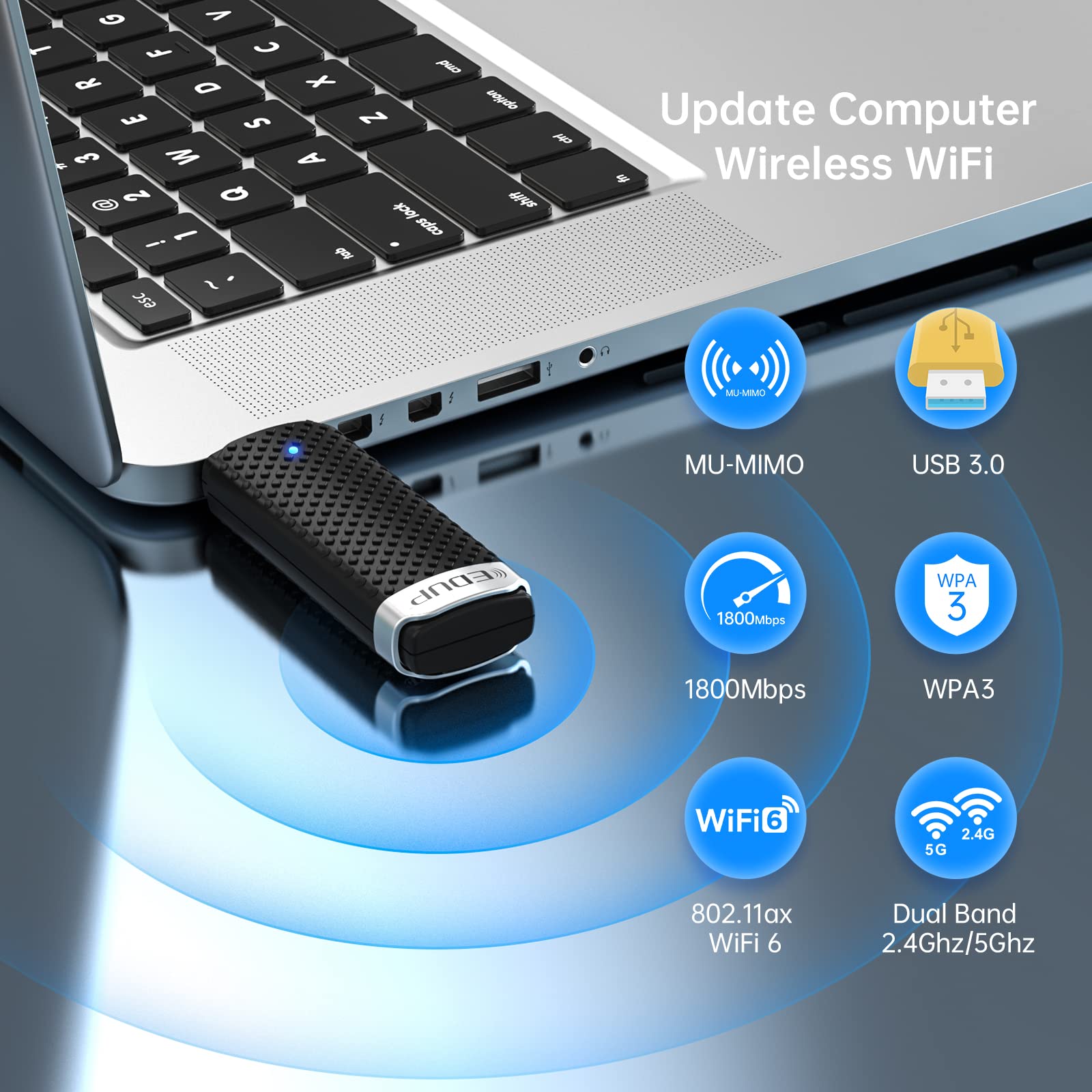 EDUP USB 3.0 WiFi 6 Adapter AX1800M 802.11ax Dual Band 5.8Ghz/2.4Ghz Wireless Network Adapter Compatible with Windows 11/10