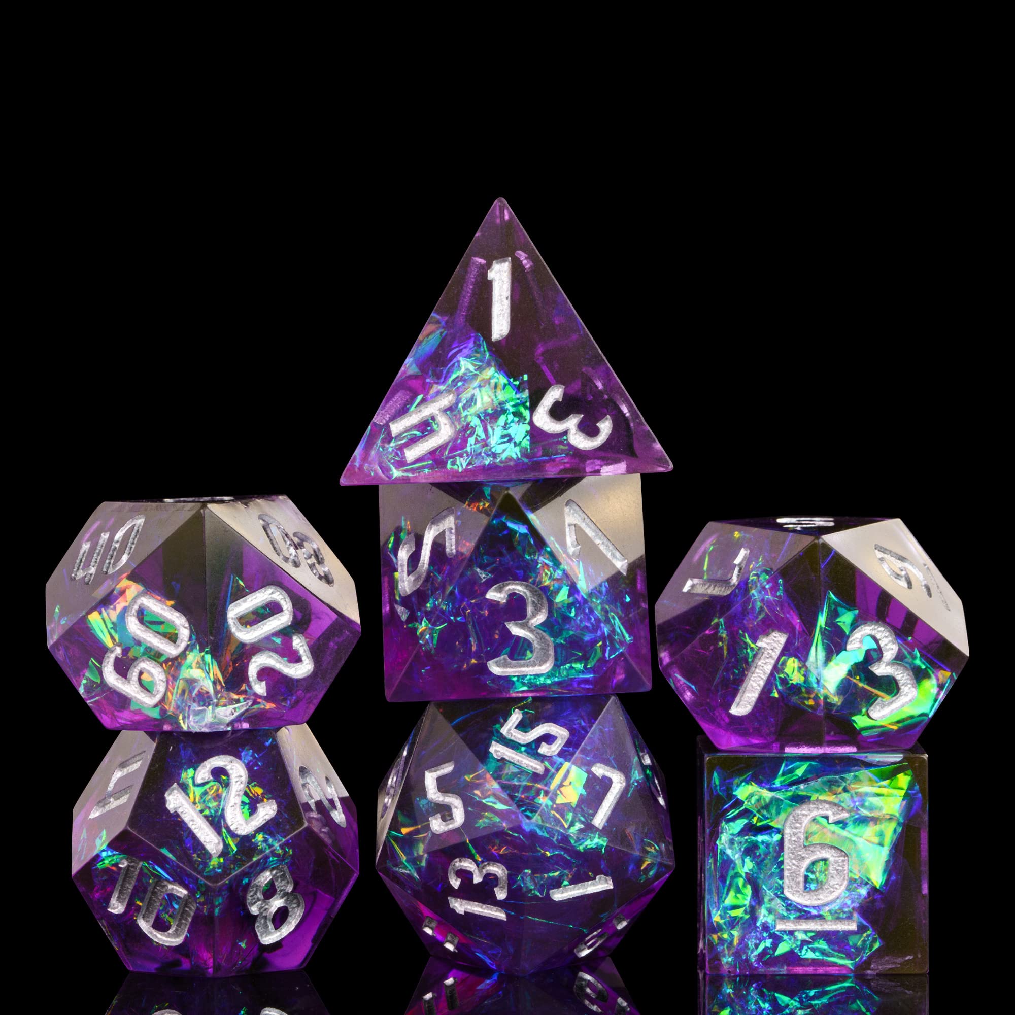 Cusdie Sharp Edges DND Dice, 7 PCs D&D Dice, Handcrafted Polyhedral Dice Set, for Role Playing Game MTG Pathfinder (Rainbow Film P/B)
