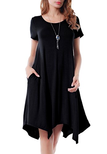 Invug Women Casual Loose Soft Crewneck Short Sleeve Pockets Swing T-Shirt Zigzag Hem Dress Black L