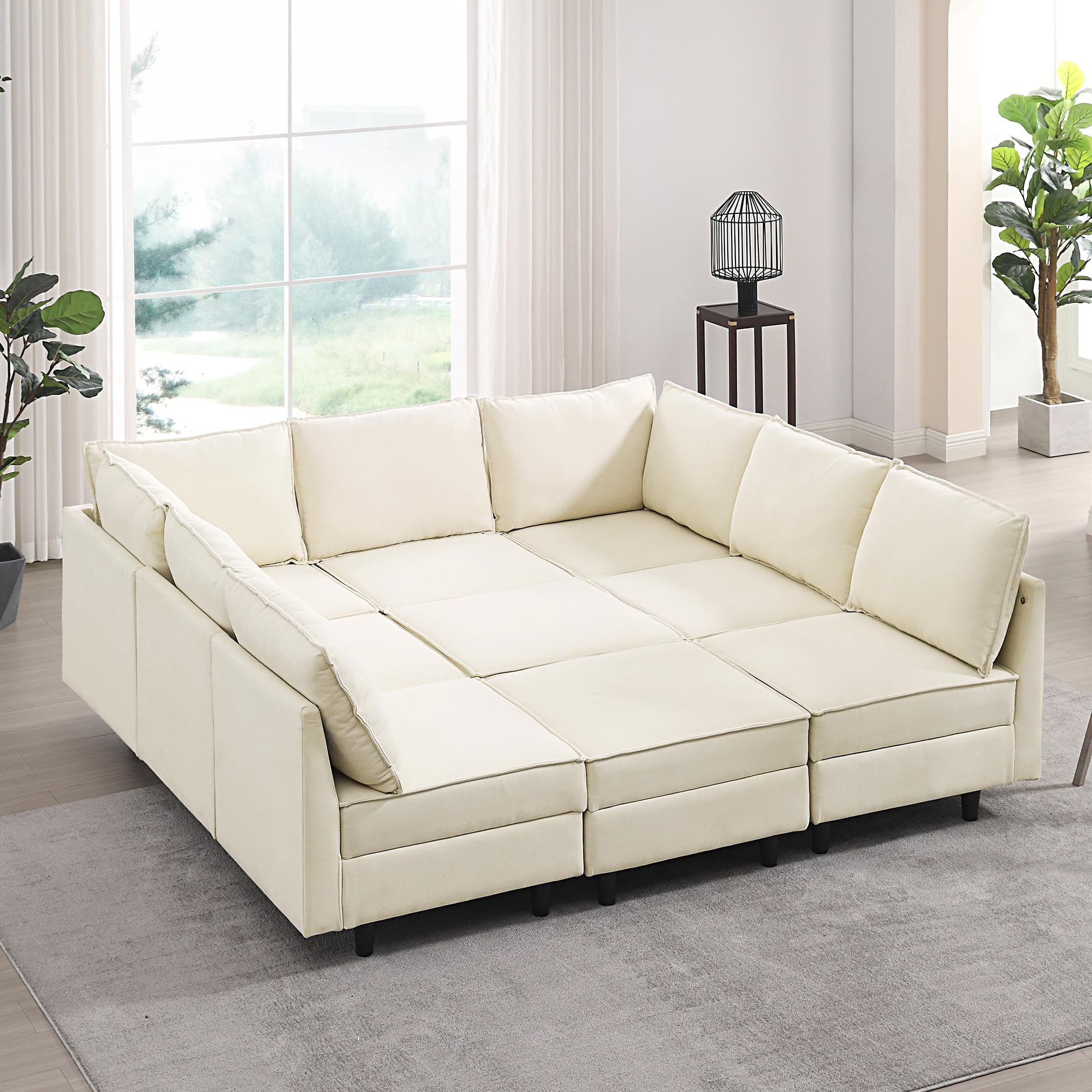 GNIXUU Modular Sectional Sofa Sleeper, Oversized U Shaped Couch Bed with Storage Seat & Ottoman, Convertible 9-Seater Sofa for Living Room, Grey Linen