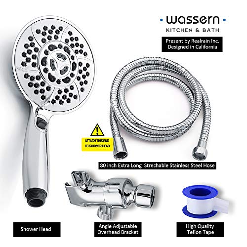 Handheld Shower Head, WASSERN 5.2'' High Pressure 6 Setting 81 Jets Rainfall Massage Water Saving Trickle Pause Extra Long 80'' Stainless Steel Hose Angle Adjustable Brass Ball Joint Bracket Chrome