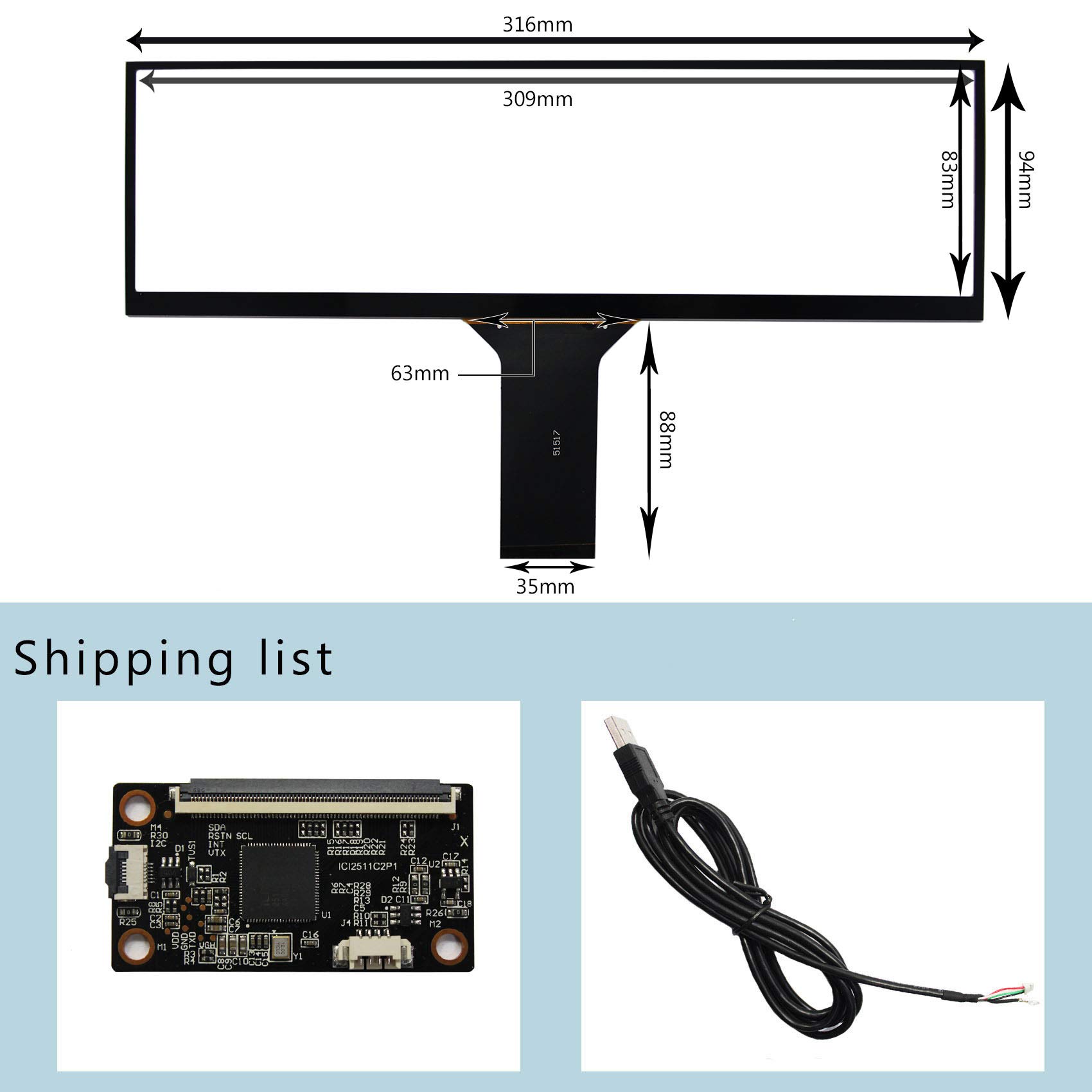 FanyiTek 12.6 inch Capacitive Touch Sensor Panel for 12.6" NV126B5M-N41 1920x515 IPS LCD Screen (Screen not included),support 10 muti-touch,Connecting via USB port