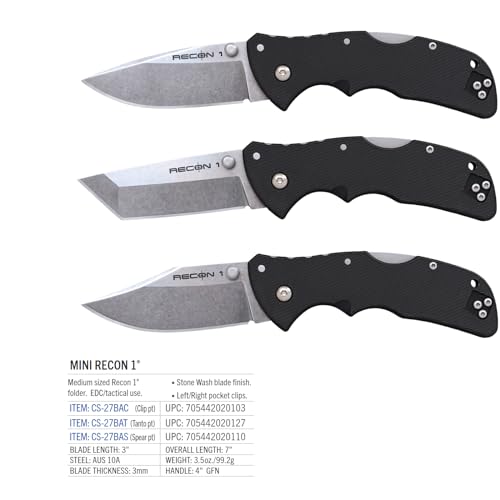 Cold Steel Mini Recon 1 3" AUS10A Spear Point Blade 4" GFN Handle Folding Knife w/Tri-Ad Lock, Ambidextrous Pocket/Belt Clip