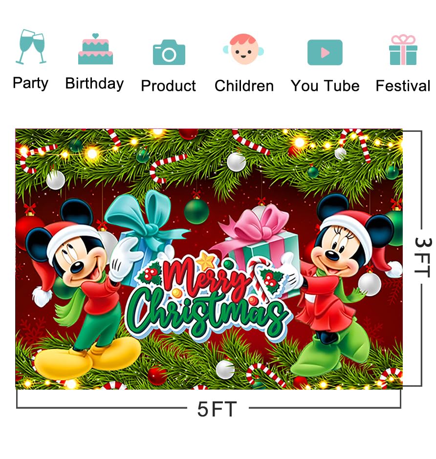 Christmas Backdrop for Mickey Mouse Christmas Party Decorations Christmas Background for Party Cake Table Decorations Xmas Theme Banner 5x3ft