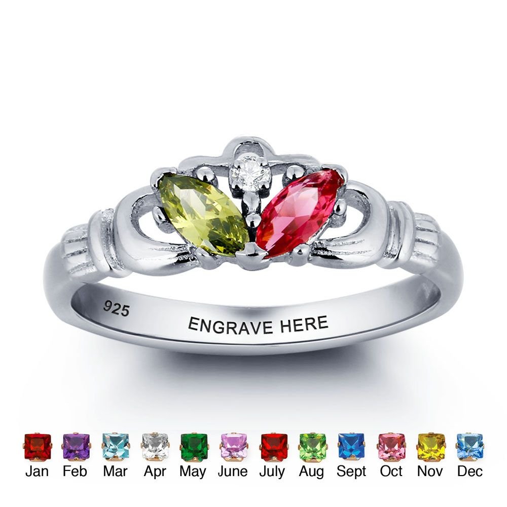 Claddagh ring Personalized Mothers ring 2 birthstones Sterling Silver customized engraved jewelry
