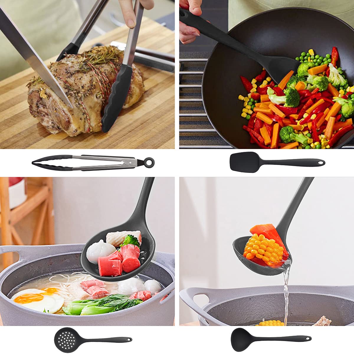 Cooking Utensils Set,Silicone Kitchen Utensil Set 15PCS,Non-Stick Silicone Kitchen Utensils,Heat Resistant 446°F Kitchen Tool Set,kitchen essentials for new home(Non Toxic) Black