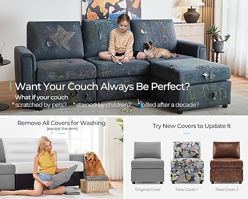 LINSY HOME Modular Sectional Sofa, Convertible L Shaped Sofa Couch with Storage, Memory Foam, Modular Sectionals with Ottomans, 5 Seat Sofa Couch with Chaise for Living Room, Grey