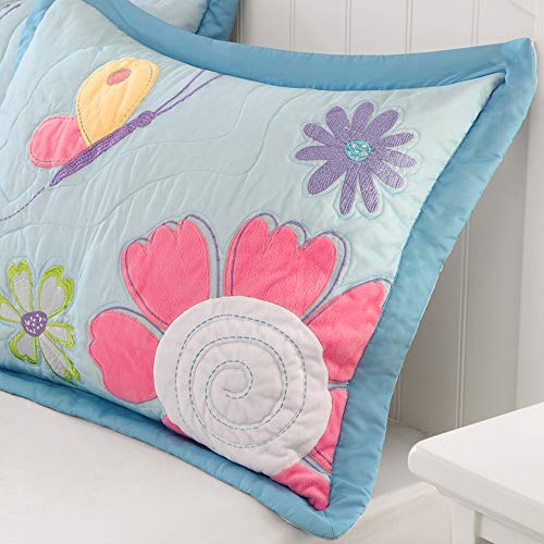 Mi Zone Kids Crazy Daisy Bedding For Girls Reversible Quilt Set - Sky Blue, Pink , Flowers, Butterfly, Polka Dots Reverse β Ultra Soft Microfiber Coverlet, Twin 3 Piece