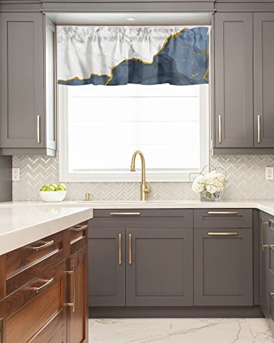 Window Curtain Valances for Kitchen Windows,Blue White Stone with Gold Stripe Rod Pocket Short Window Valance Modern Abstract Marble Agate Cafe Treatment Valance for Living Room/Bedroom,42x12in
