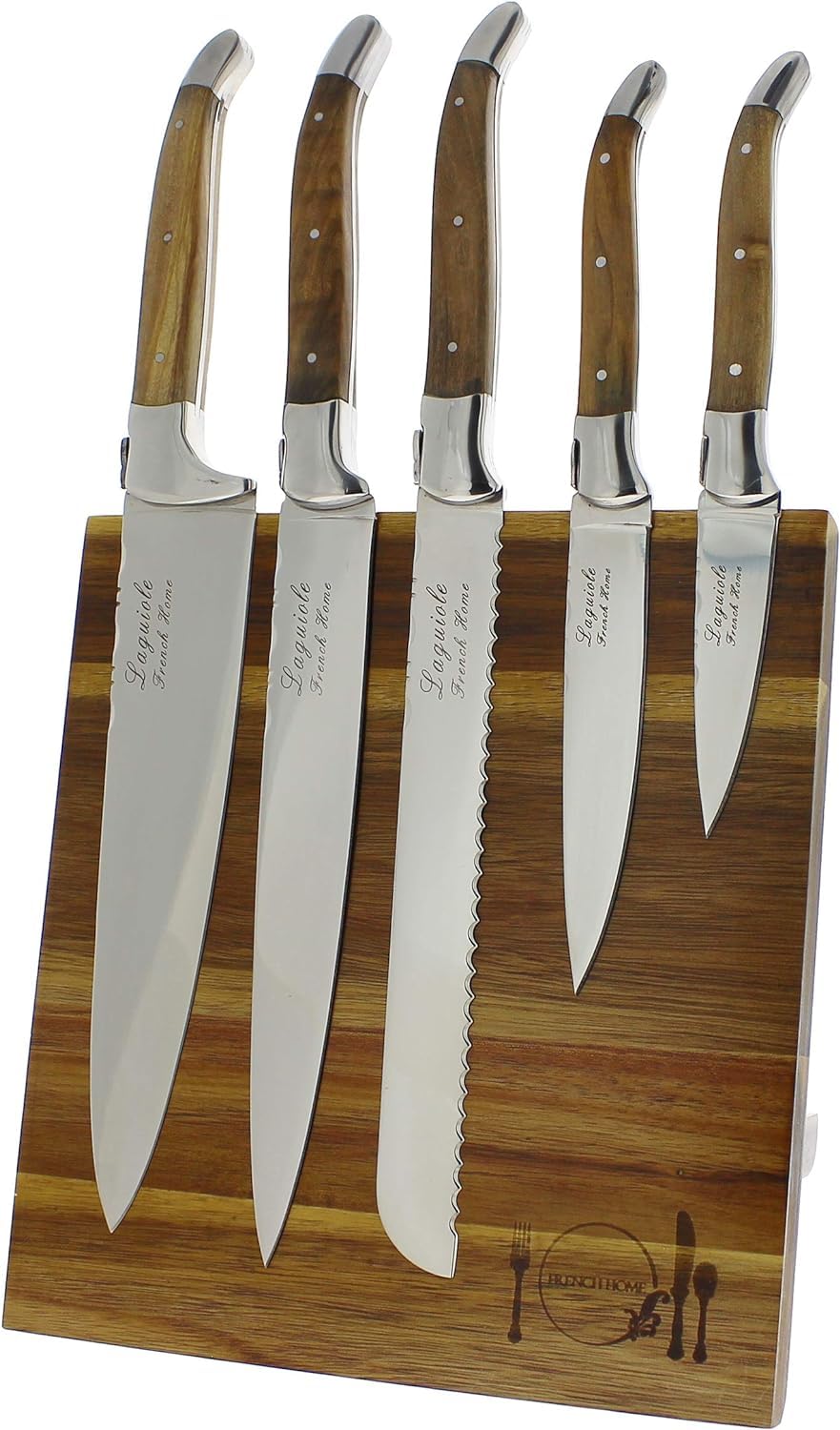 French Home Laguiole Connoisseur Olivewood 5 Piece Kitchen Knife Set plus Magnetic Display.