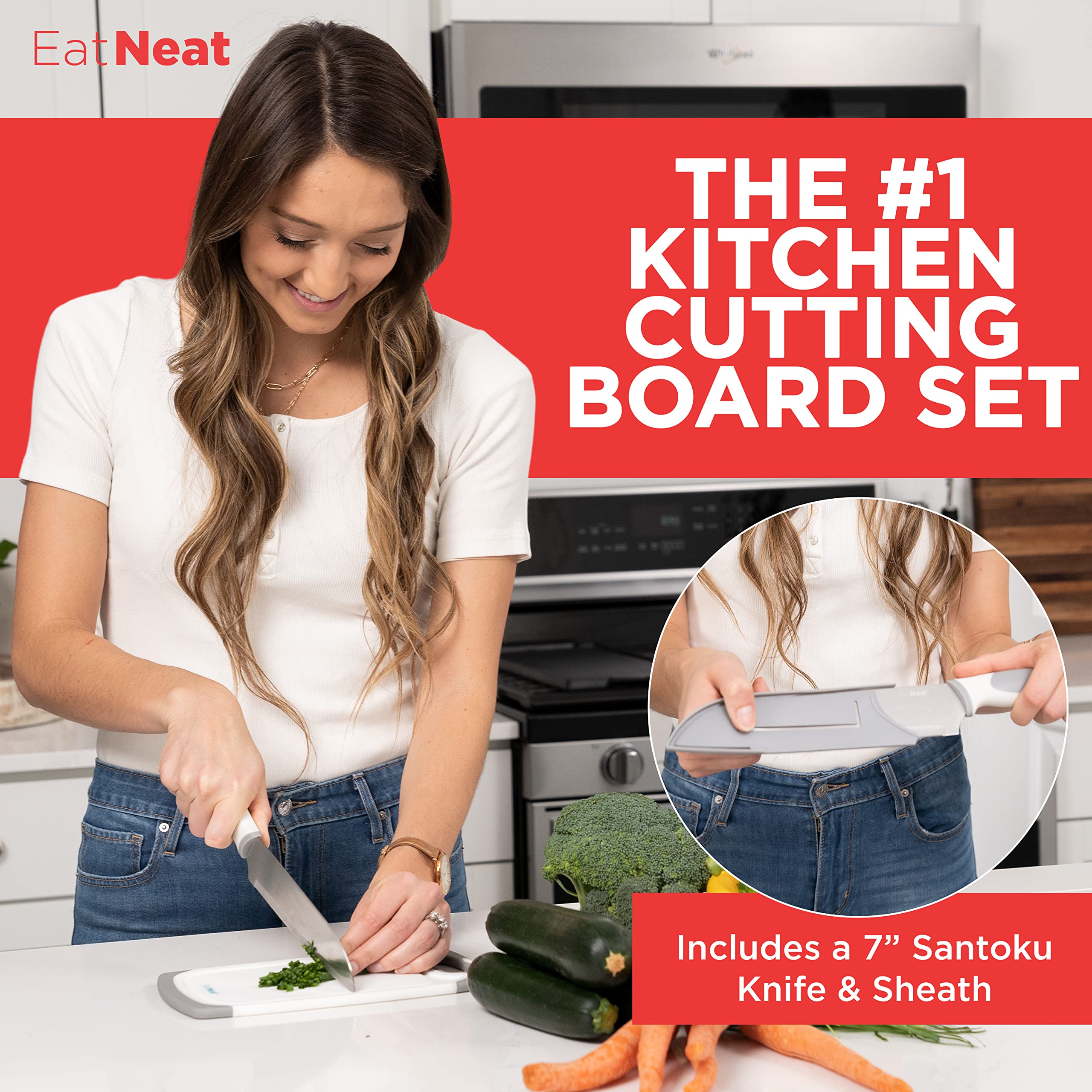 EatNeat 12 Pc Colorful Kitchen Knife Set - Camper Must Haves 5 Stainless Steel Knives with Safety Sheaths 5 pc Cutting Board and Kitchen Knife Set
