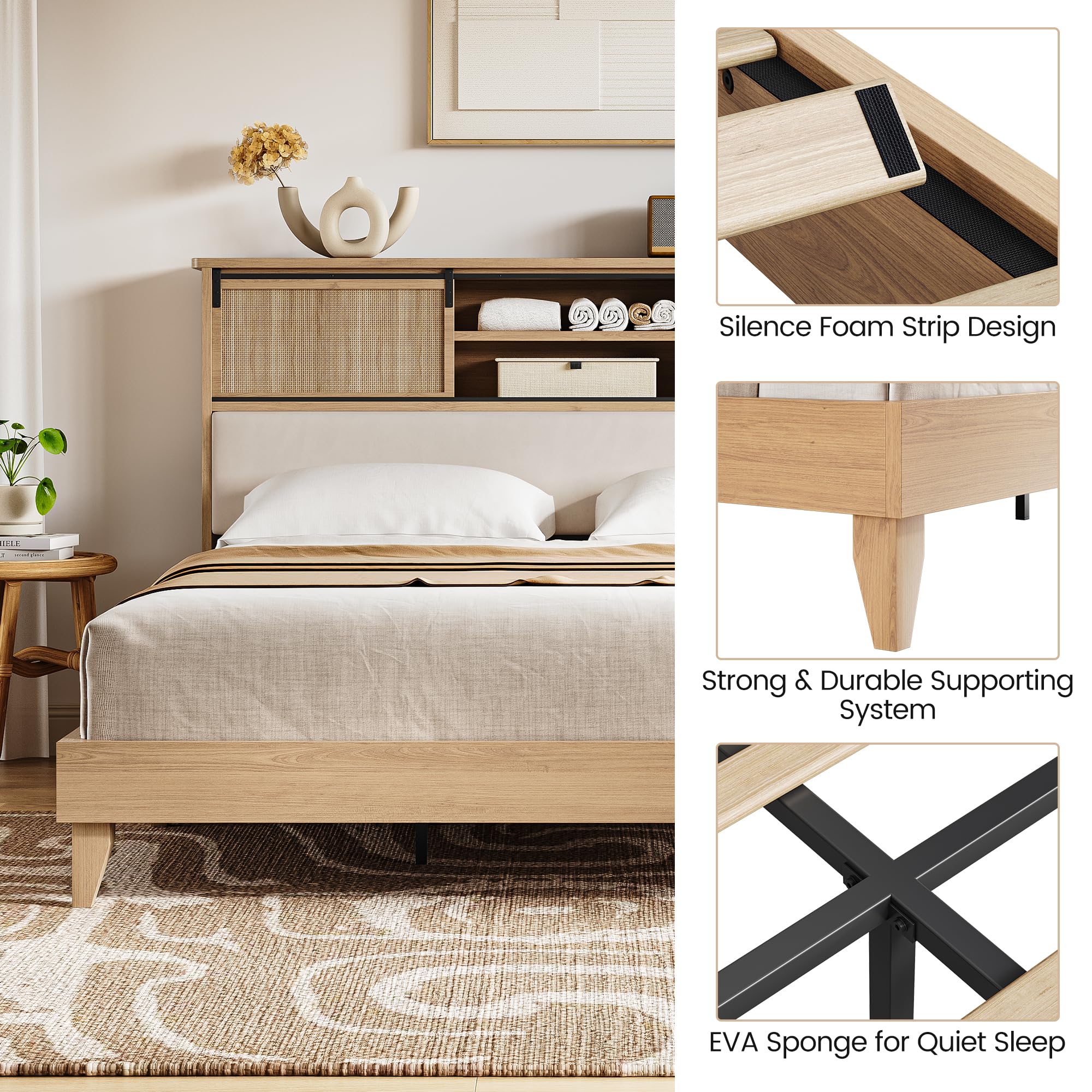 GAOMON Rattan King Bed Frame with Headboard & Storage Shelves, Boho Rattan Bed Frame King Size, Solid Wooden Bed Foundation with Sliding Door Shelf, Noise-Free, No Box Spring Needed & Easy Assemble