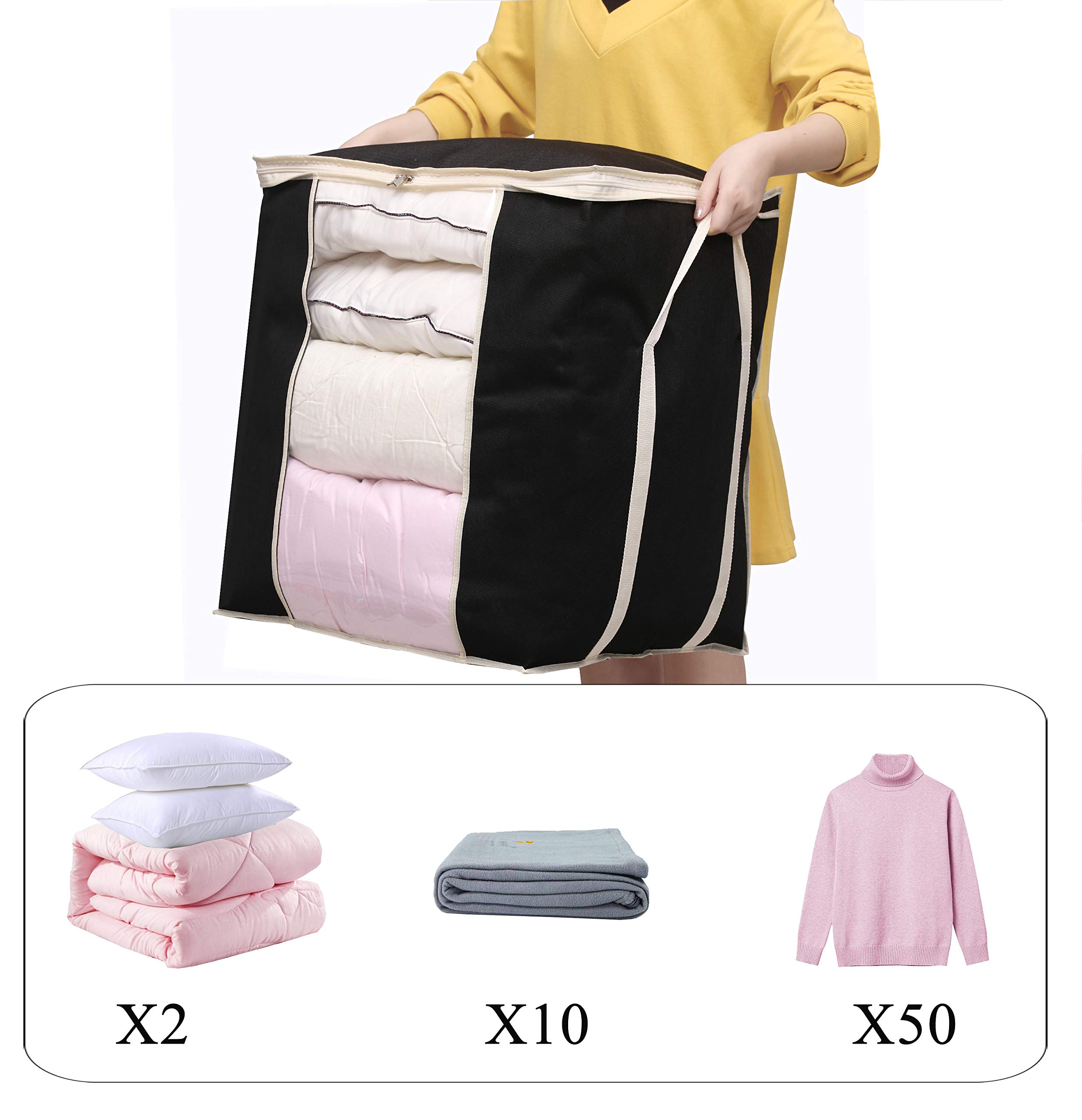 MISSLO King Comforters Storage Bag 120L for Blankets Clothes Sweaters Beddings Organizer with Reinfored Handles Non-Metal Fabric Storage Bin Organizer, Black