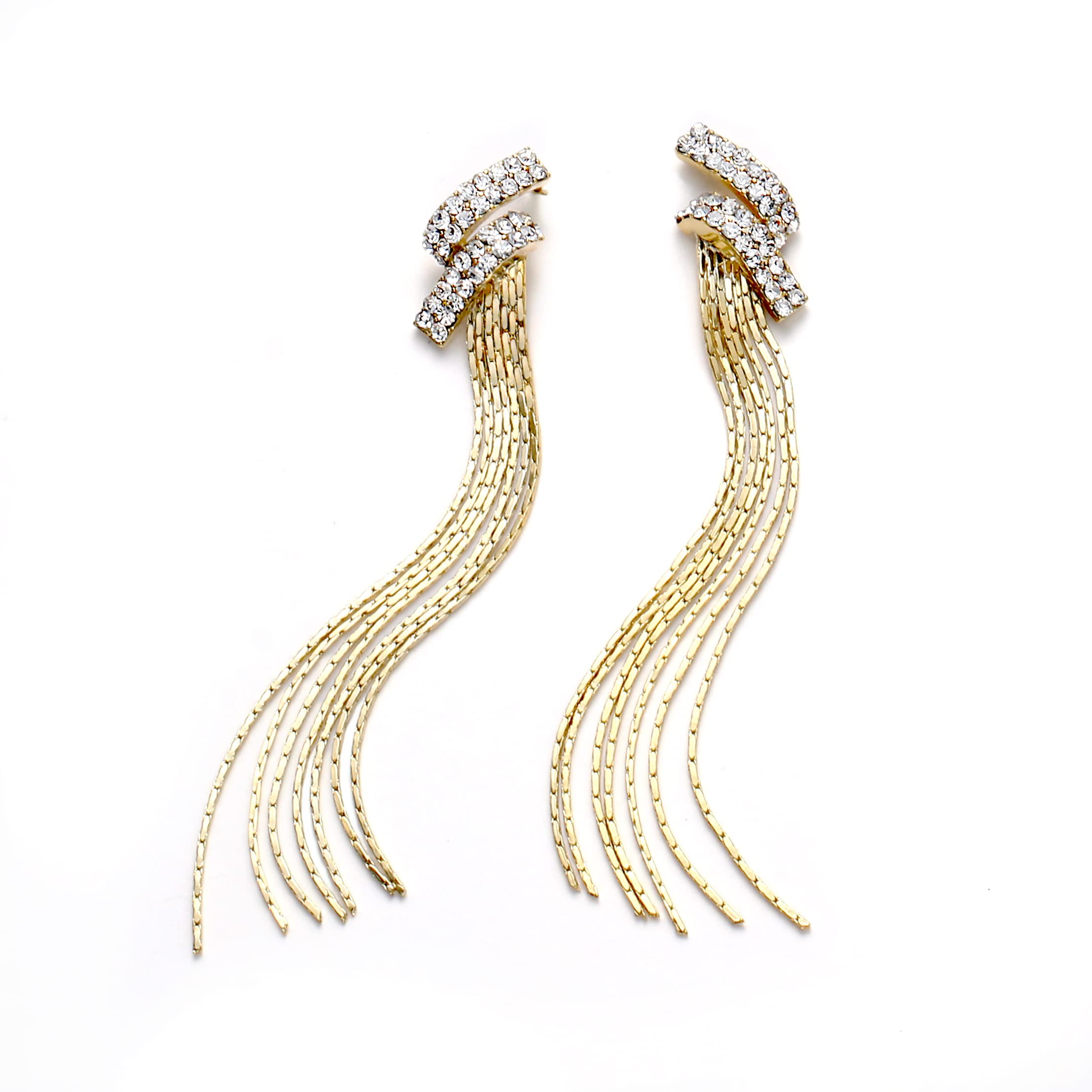 EleQueen 3 Chain Long Tassel Earrings, Gold Plated Cubic Zirconia Dangle Earrings for Women Wedding Party Prom