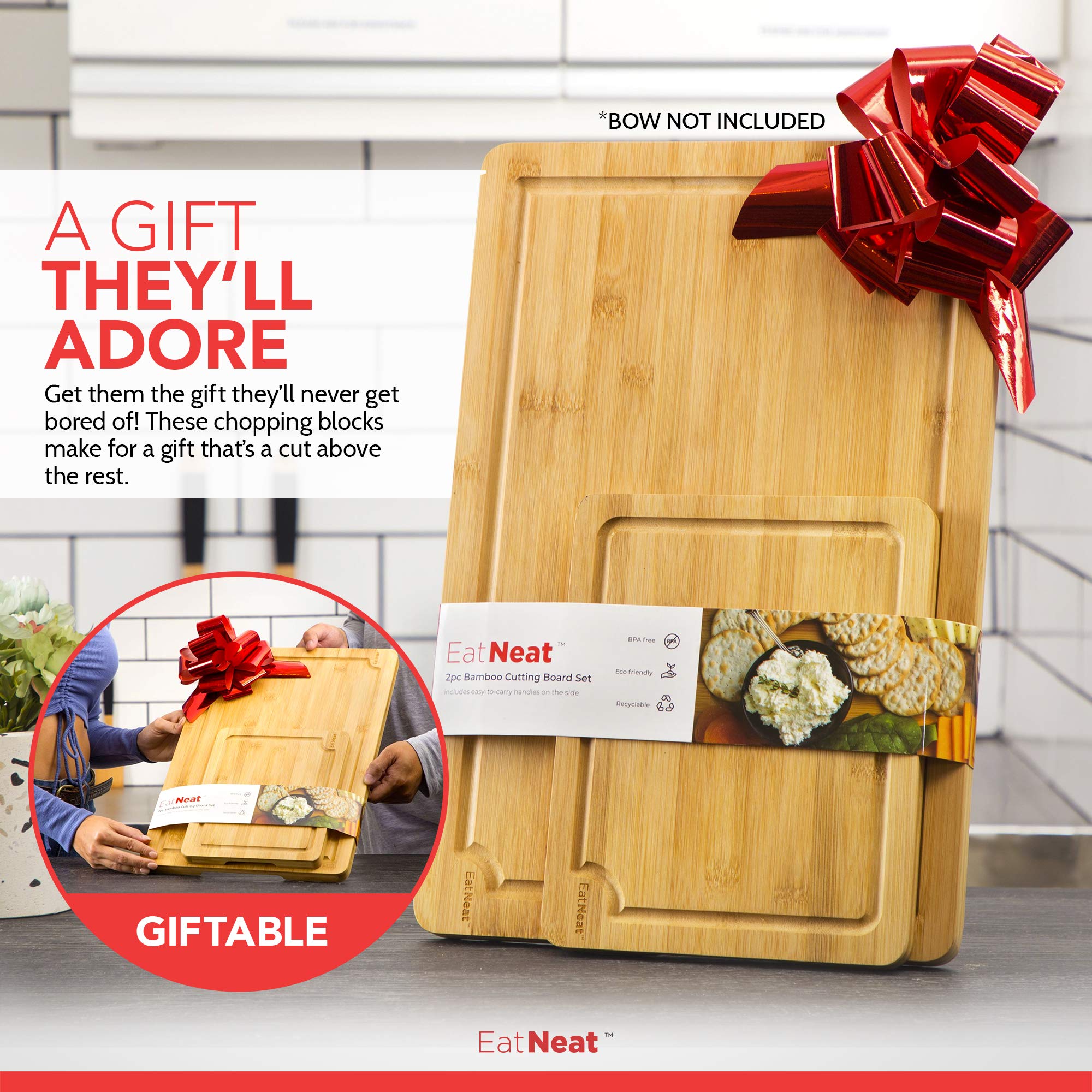 EatNeat 5-Pack of Glass Food Storage Containers with Airtight Snap Locking Lids to Keep Food Fresh Extra Large Bamboo Cutting Board Set