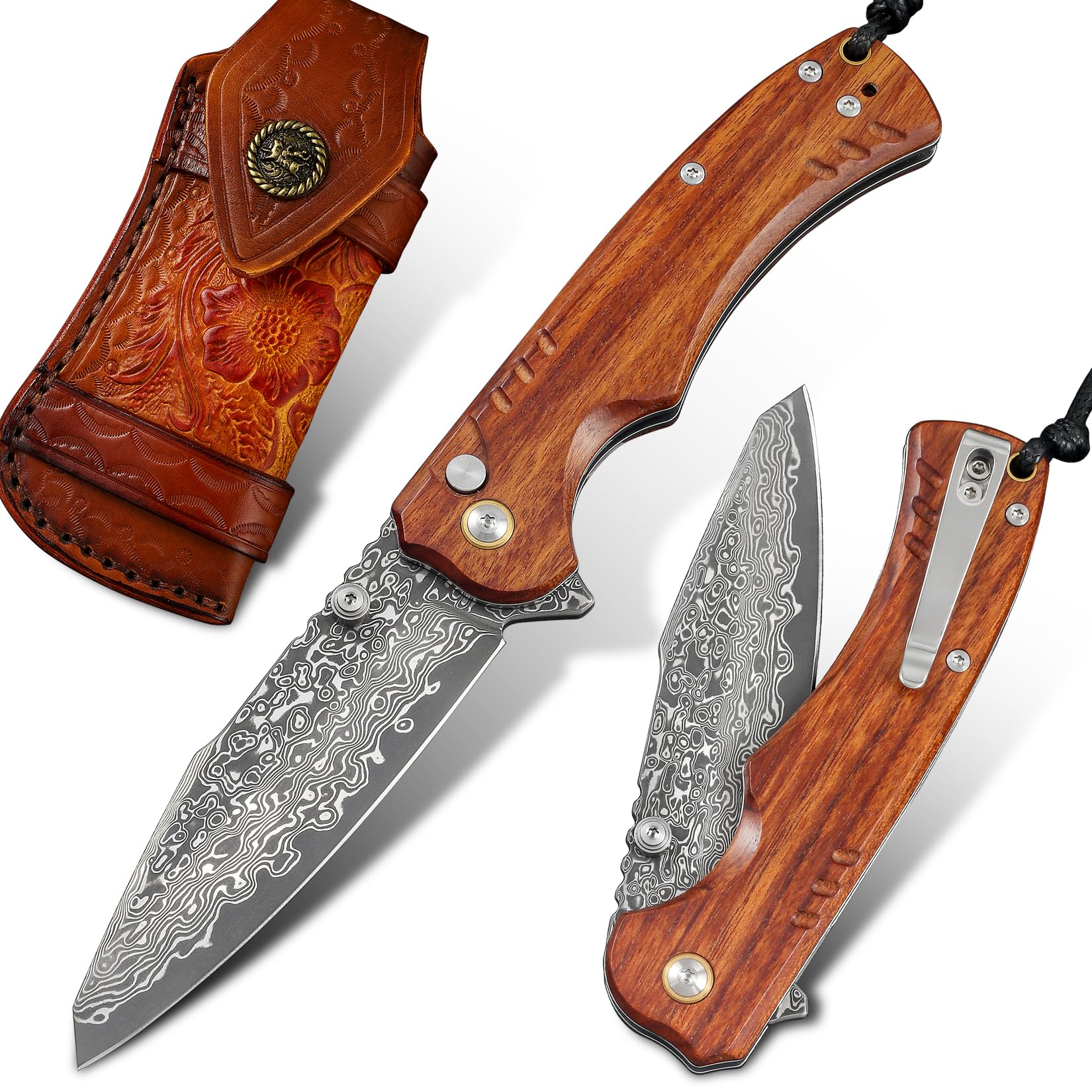 FORESAIL Button Lock Pocket Knife for EDC,Folding Knife, Thumb Stud & Flipper Opener, With leather sheath,Wood Handle with 3.6" Damascus Steel Blade for Outdoor, Camping, Hunting