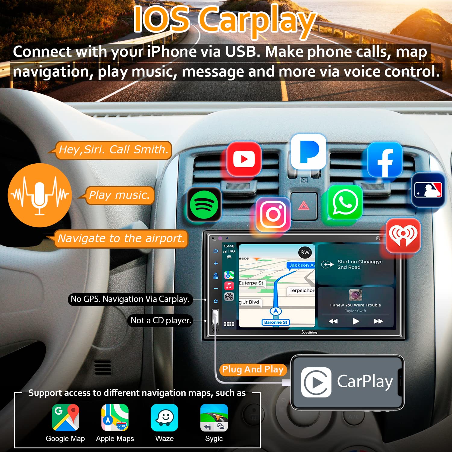 Car Stereo Compatible with Apple Carplay, Double Din 7" Full Touch HD Capacitive Screen - Mirror Link, Bluetooth, Backup Camera, Steering Wheel Controls, Subwoofer, AM/FM Car Radio for 12V Vehicles