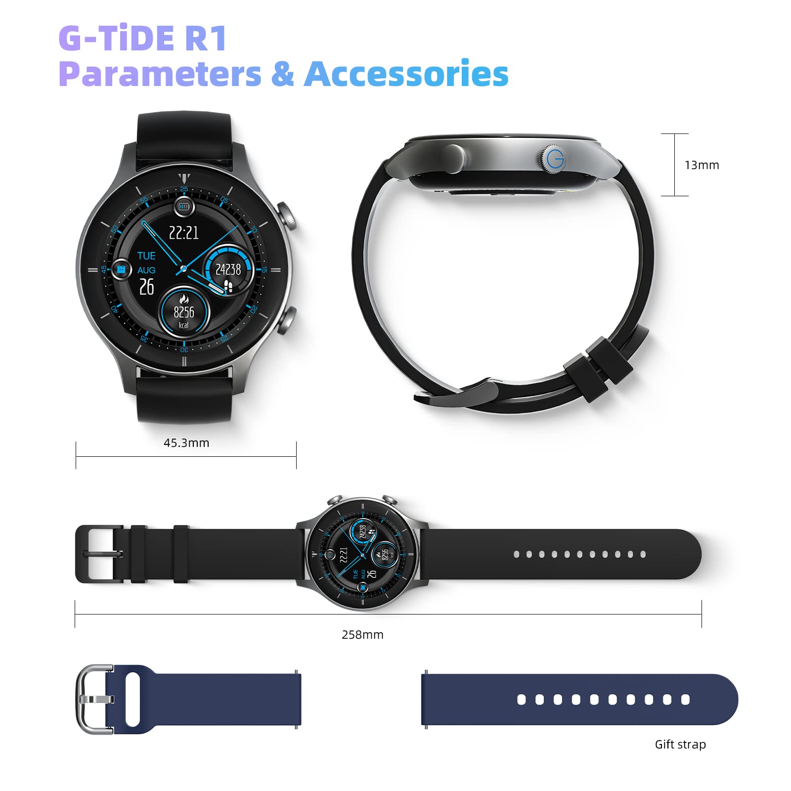 G-TiDE Smart Watch, Answer/Make Call, 300mAh Big Battery Smartwatch, VC52 Heart Rate Blood Oxygen Temperature Fitness Tracker, Bluetooth5.2 Smart Watch for Android/iOS, IP68 Waterproof, Black