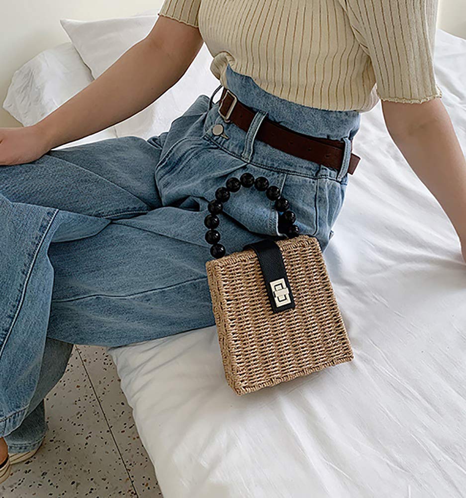 QZUnique Straw Bucket Bags for Women Top Handle Drawstring Woven Handbag Shoulder Bag Summer Beach Purses with Bamboo Handle