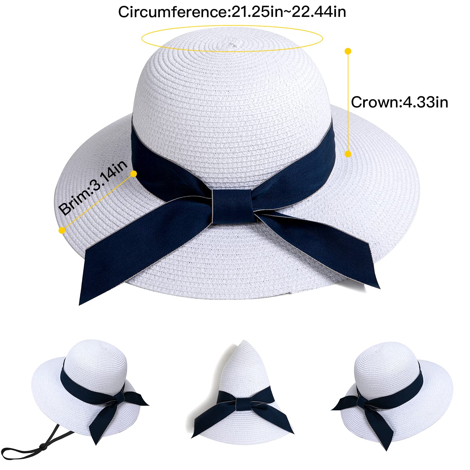 FARVALUE Women's Sun Beach Straw Hat Foldable Floppy Hats Summer UV Protection Wide Brim Travel Beach Cap White