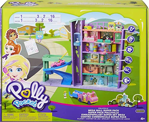 Polly Pocket Playset with 3 Micro Dolls, 1 Toy Car, Food and Shopping Accessories, Pollyville Mega Mall Toy