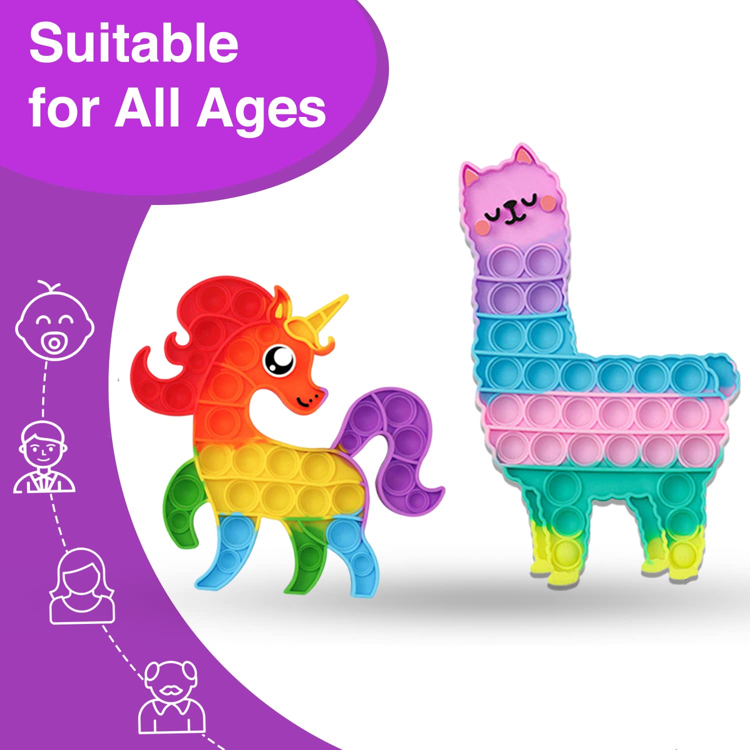 SOOTHE MIND Silicone Push Pop It Bubble Stress Relief Toy Purpose for Unisex Kids and Adults, Smiling Unicorn and Alpaca