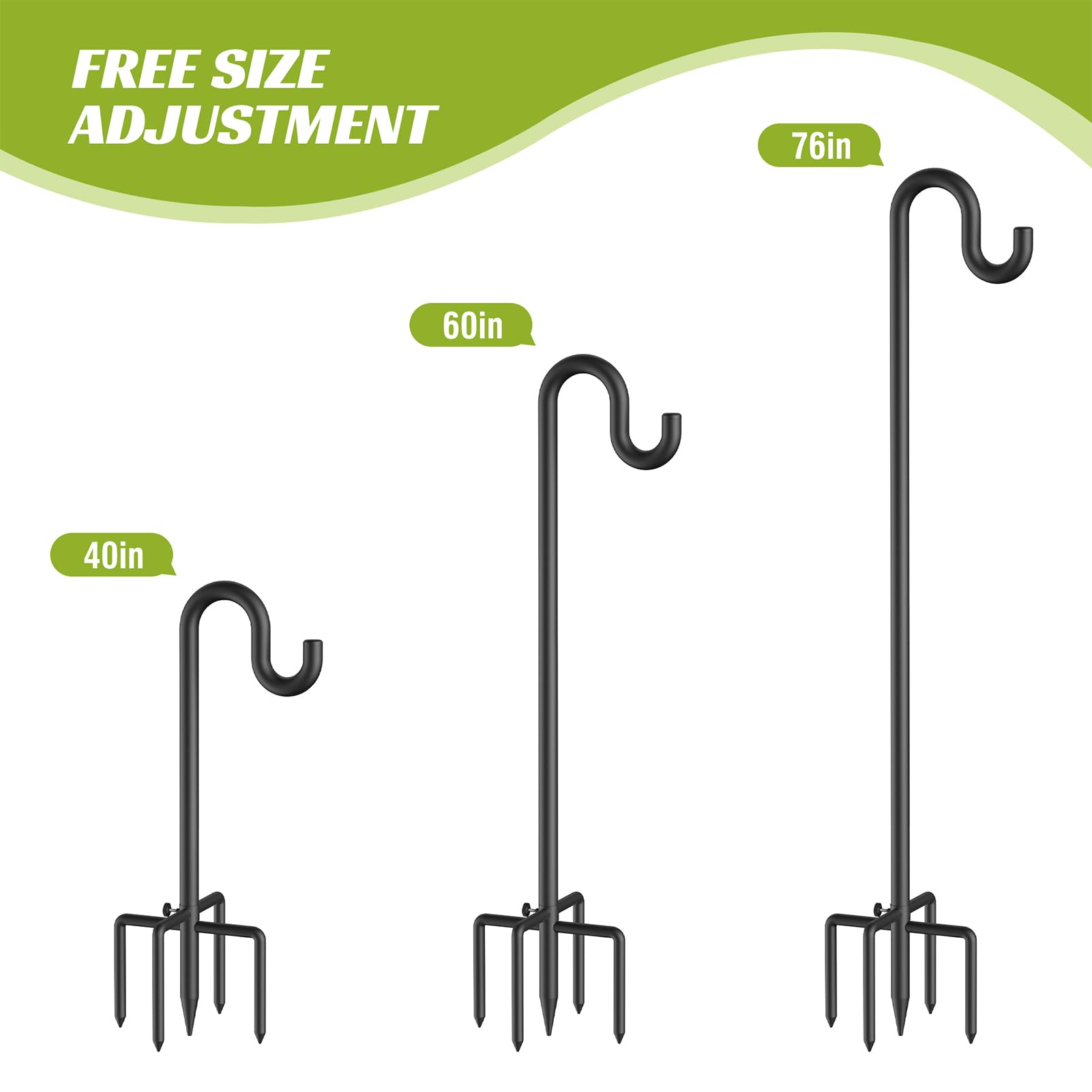 Forlogic Bird Feeder Pole 76 Inches Shepherd Hooks for Outdoor, Heavy Duty Bird Feeder Pole for Garden Decor, Black Shepherd Stand for Plant Baskets Wind Chime with 5 Base Prongs