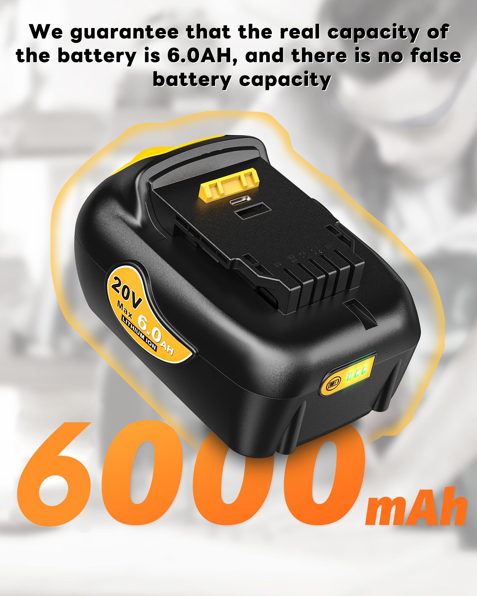 Genuine Capacity 2 Pack 6Ah 20V Max Battery Replacement for Dewalt 20V Battery with USB and USB-C Charging Port, True Capacity Lithium ion Battery Compatible with All 20V Dewalt Cordless Tools