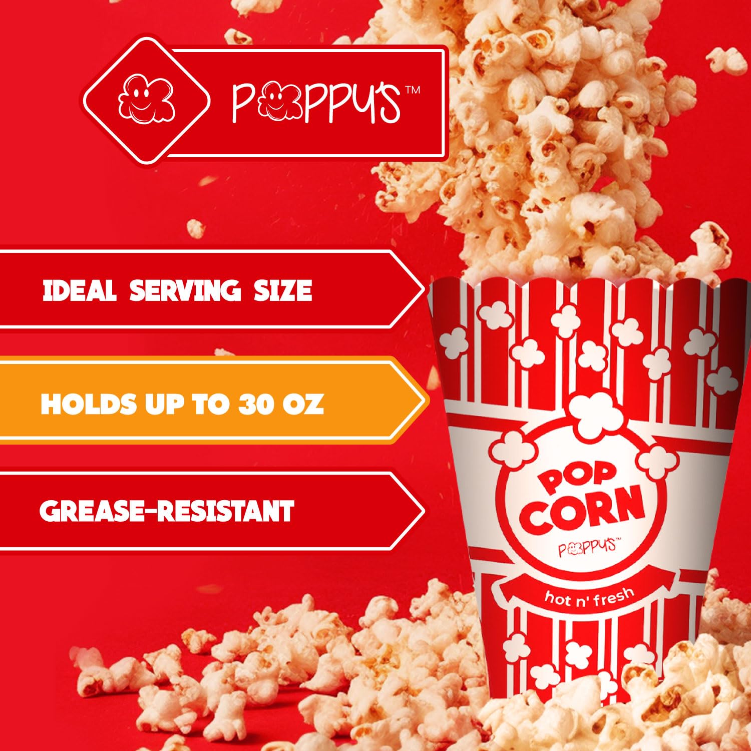 Poppy's Small Popcorn Boxes β 40 Pack 30 Oz Concession-Grade Popcorn Buckets, Popcorn Machine Accessories for Popcorn Bars, Movie Nights, Concessions