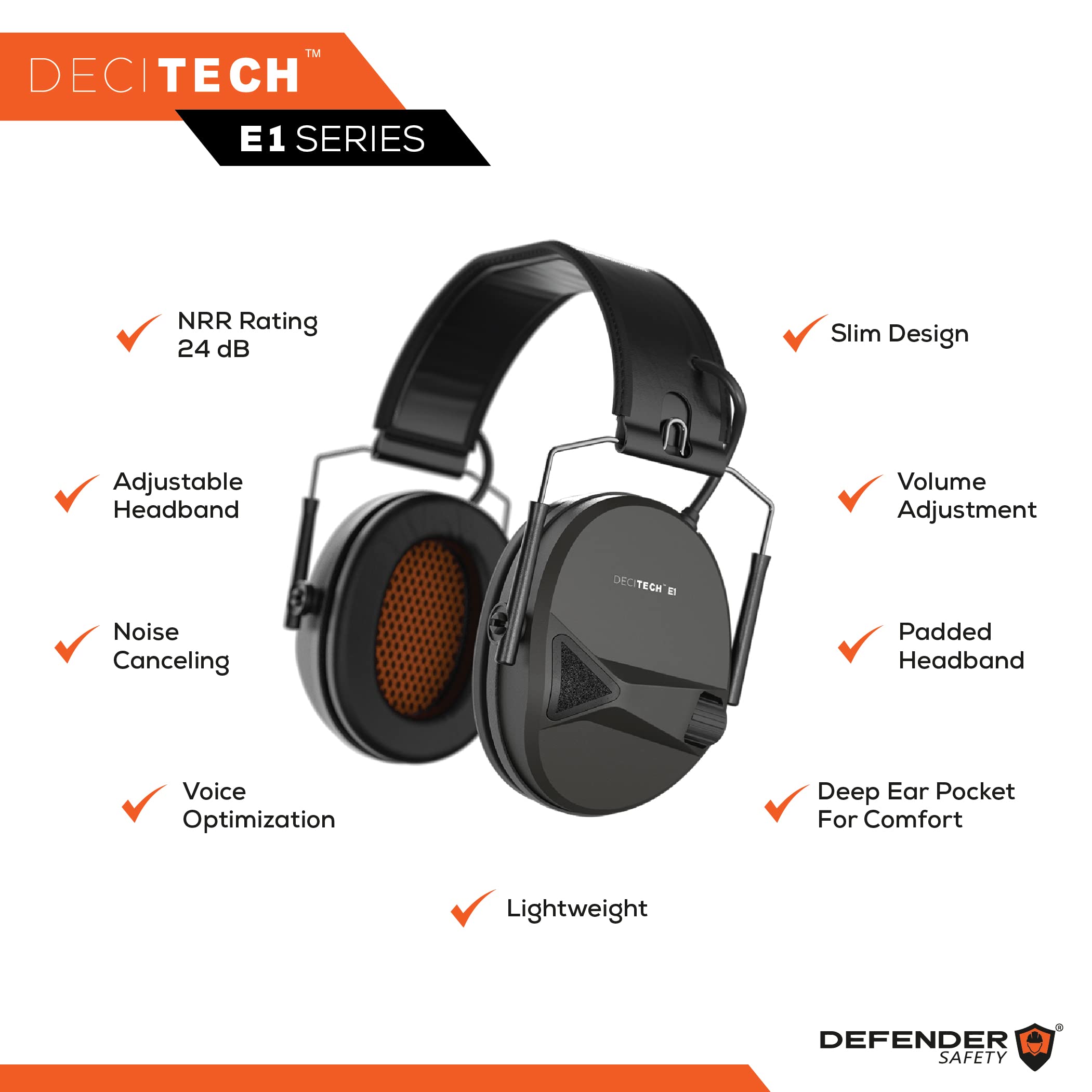 Defender Safety Decitech E1 Electronic Active Hearing Protection, Shooting, Range, Hunting, Tactical Earmuffs, 24 NNR Rated. (Olive Green)
