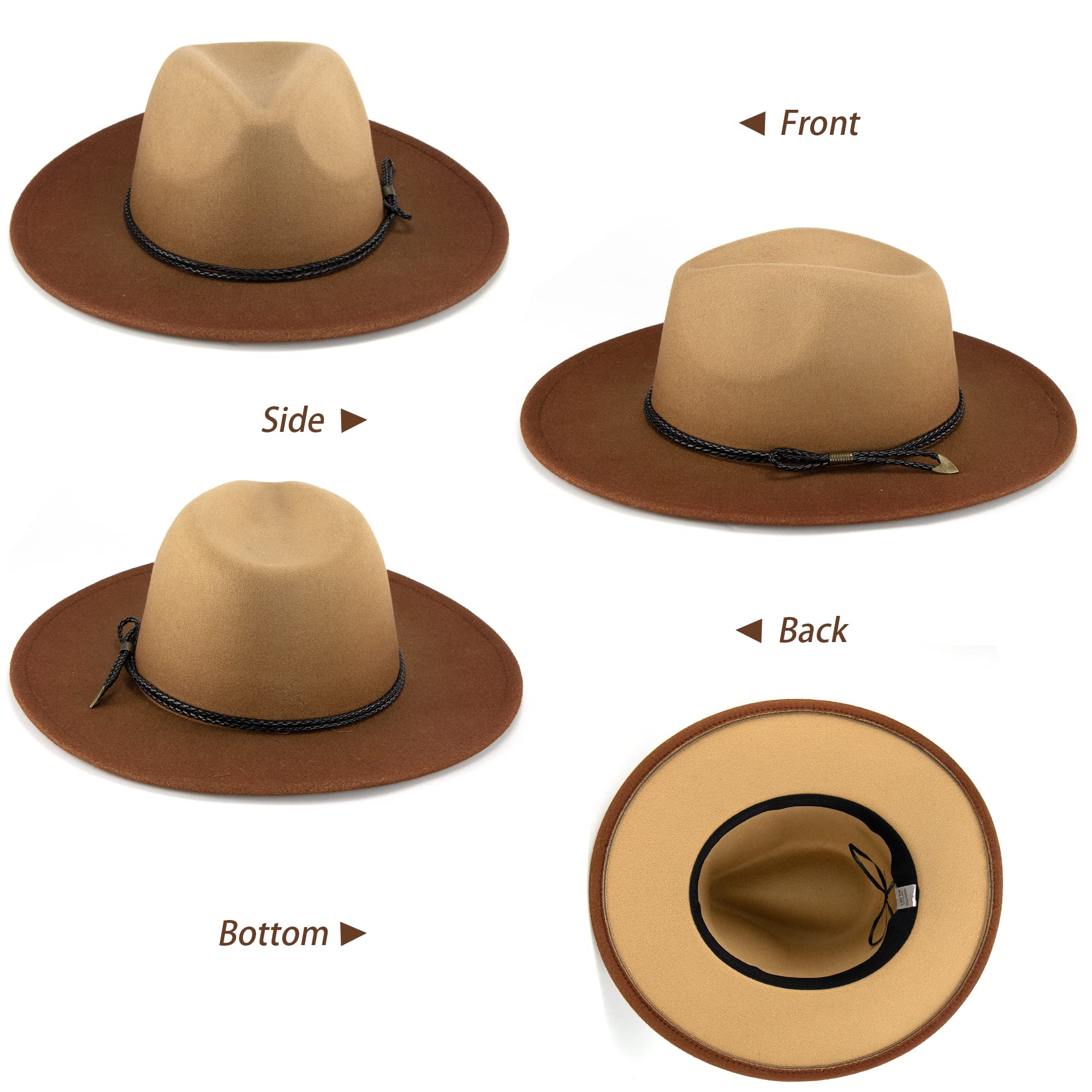 Classic Wide-Brim Fedora-Hat-Women - Felt Gradient Fedora Hats (Caramel, M:56-58cm/22-22.8inch)
