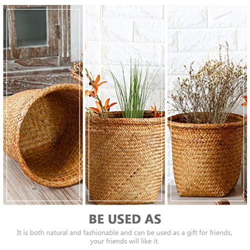 Ipetboom Office Decor Woven Rattan Trash Can Hand Woven Basket Planter Flower Pots Storage Container Farmhouse Round Trash Can Rattan Garbage Bin Wicker Laundry Basket Rustic Decor Desktop