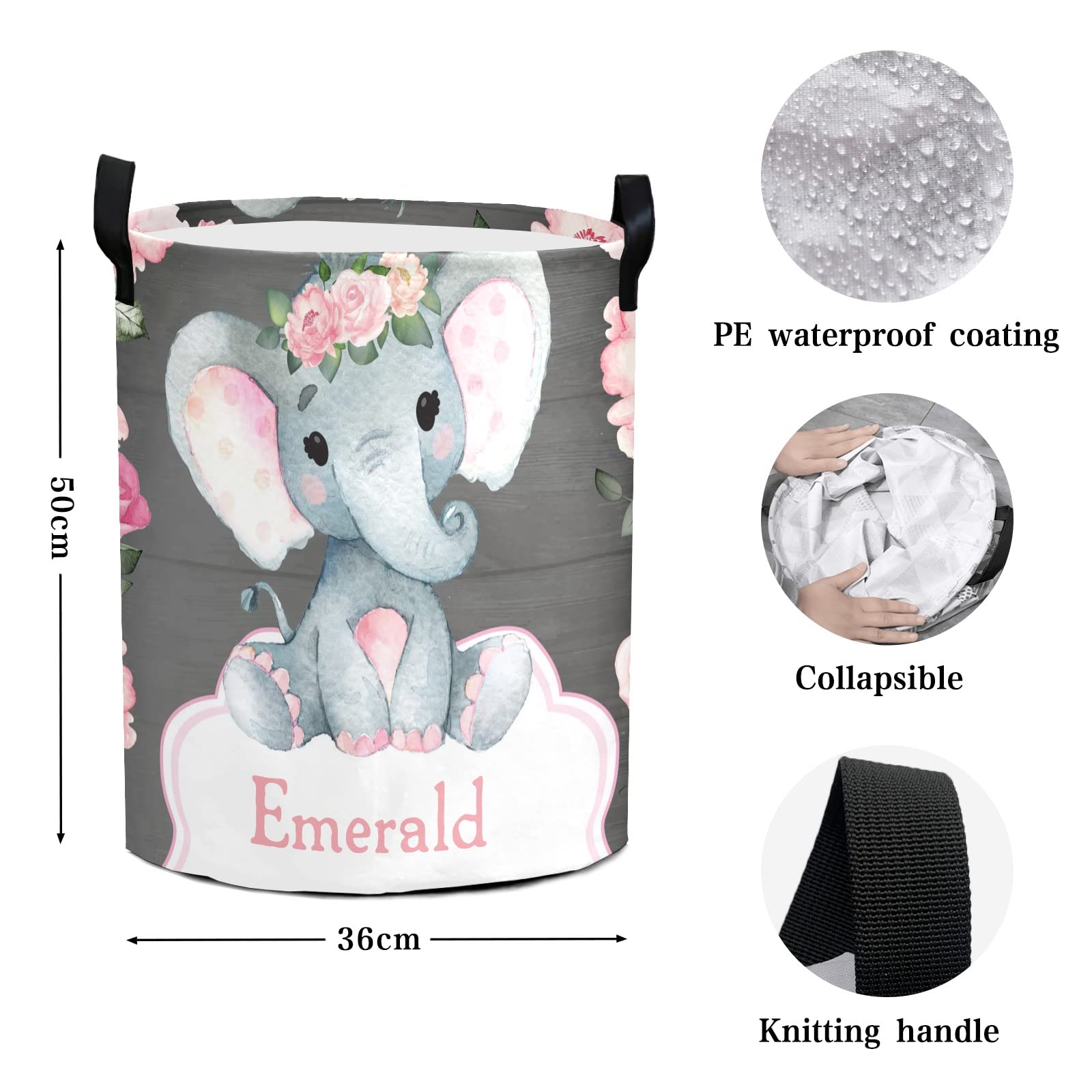 Custom Watercolor Pink Flower Elephant Storage Basket with Handles Personalized Name Waterproof Collapsible Laundry Baskets for Clothes