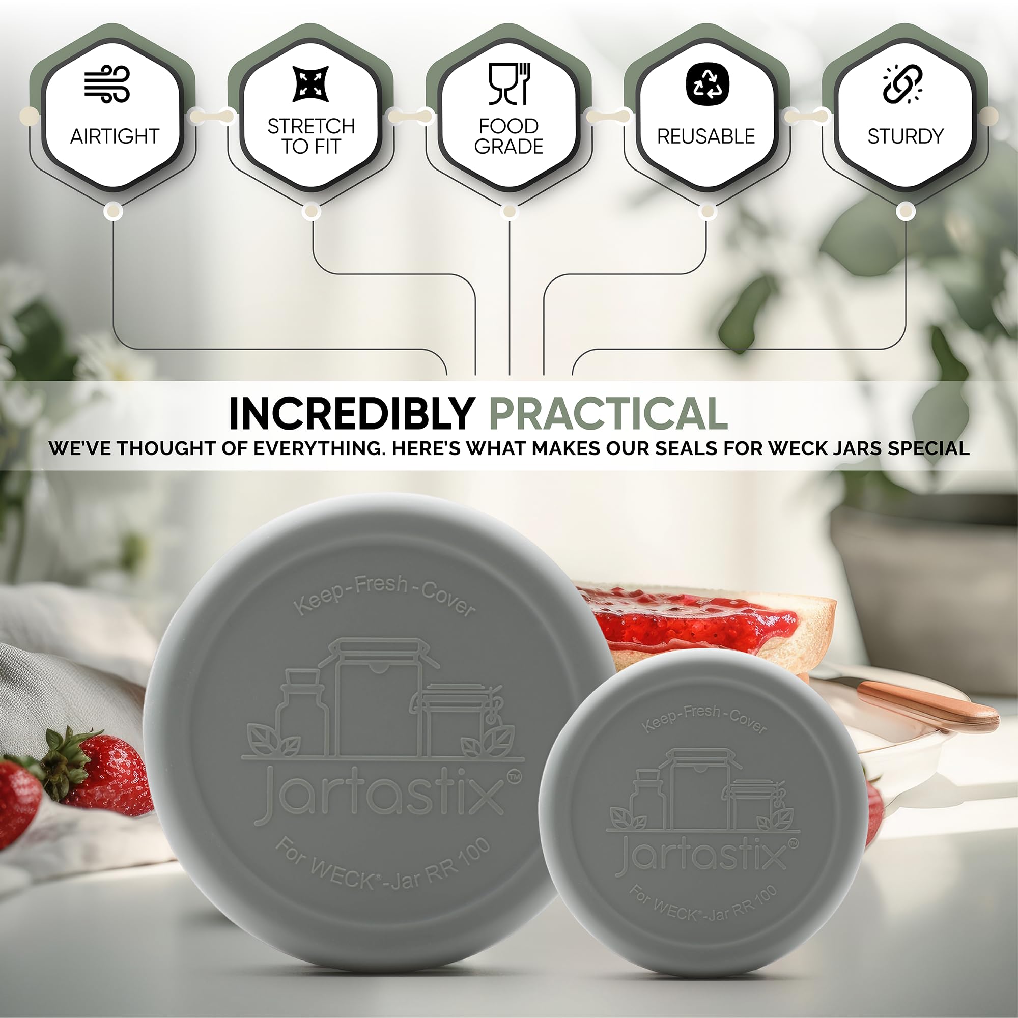 Jartastix 100mm Silicone Lids for WECK Jars - Set of 2 - Weck Jar Silicone Lids for Storage - Fits WECK 738, 739, 740, 741, 742, 743, 744, 745, 776, 748, 974 (Grey, 100mm)