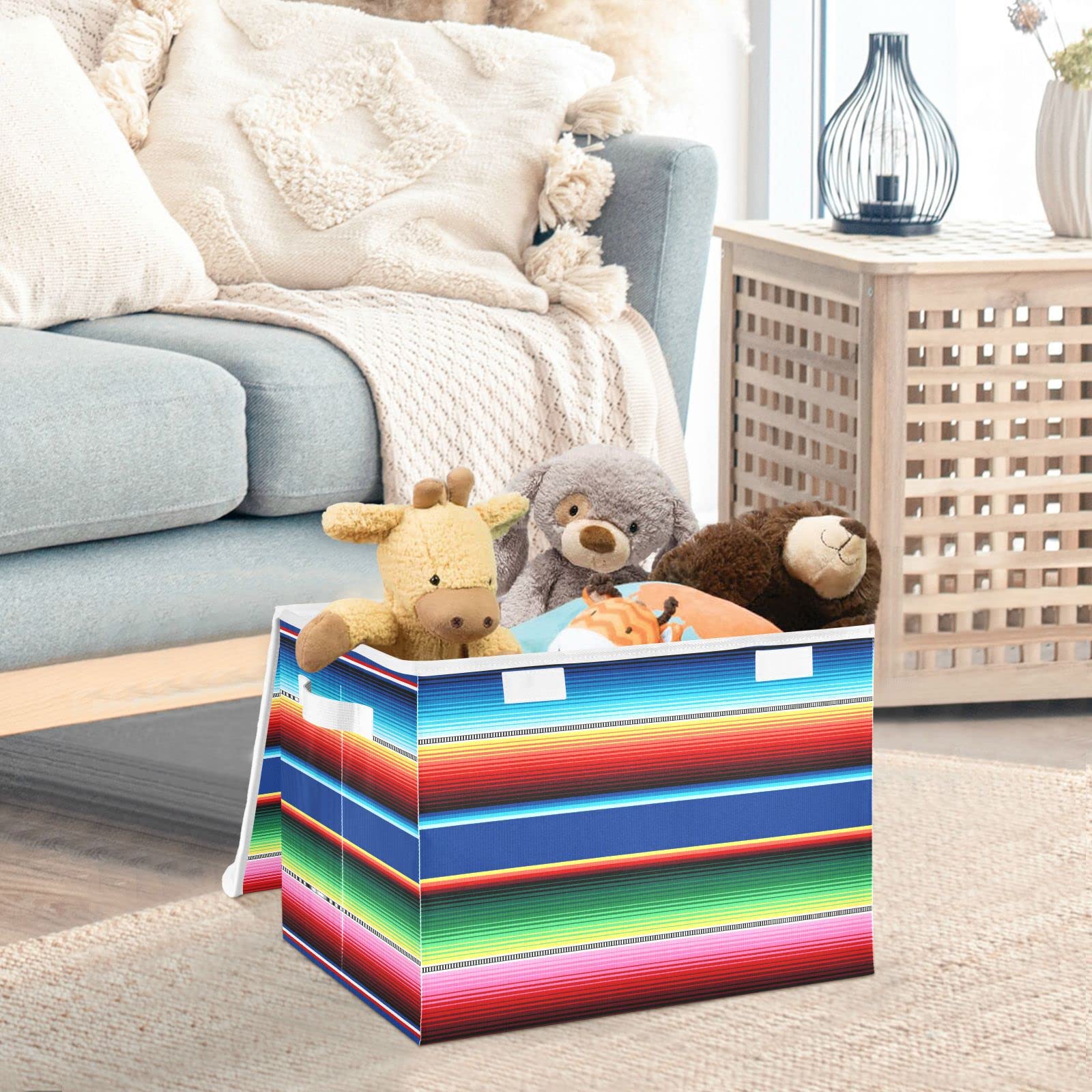 Moudou Mexican Serape Blanket Stripes Storage Basket with Lid, Large Collapsible Cube Storage Bin for Closet, Office, Nursery, Home Decor, 16.5 x 12.6 x 11.8 Inch