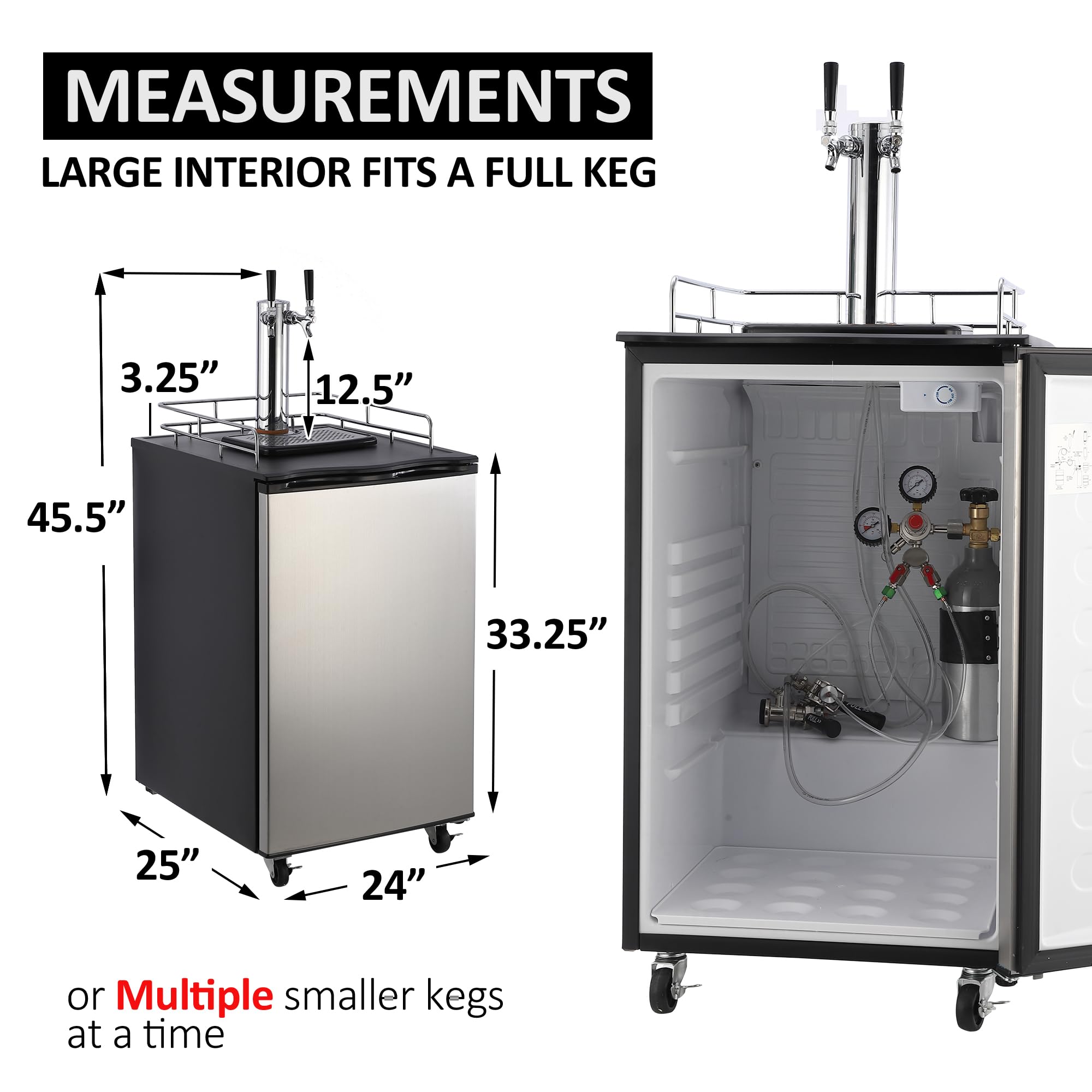 Kegerator and Keg Beer Cooler, Dual Tap Draft Beer Dispenser, Full Size Keg Refrigerator With Shelves, Stainless Steel, Drip Tray & Rail,silver