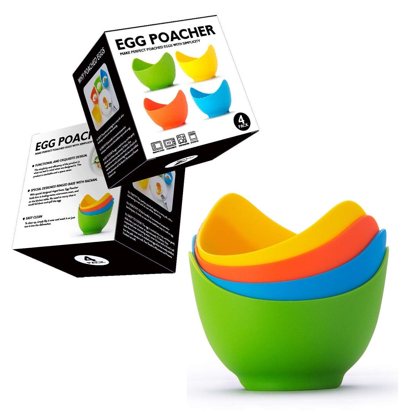 Egg Poacher - Poached Egg Cooker with Ring Standers, Food Grade Non Stick Silicone Egg Poaching Cup for Microwave or Stovetop Egg Poaching, with Extra Silicone Oil Brush, BPA Free, 4 Pack
