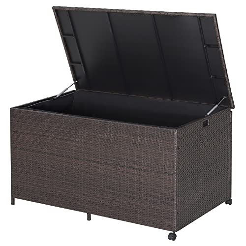 Giantex Wicker Outdoor Deck Box - 133 Gallon Storage Box with Lid, Waterproof Liner and Universal Wheels, PE Rattan Storage Container for Cushions, Gardening Tools, Patio Storage, Brown