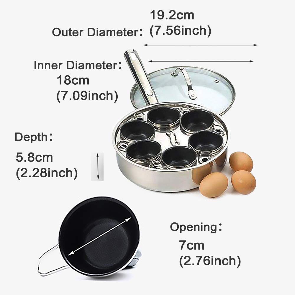 Egg Poacher Pan Poached Egg Maker Set with 6 Non-stick Egg Poaching Cups, 1 Stainless Steel Steamer Pot, Multi-Purpose for Egg Cake Vegetables Seafood Meat Baby Food